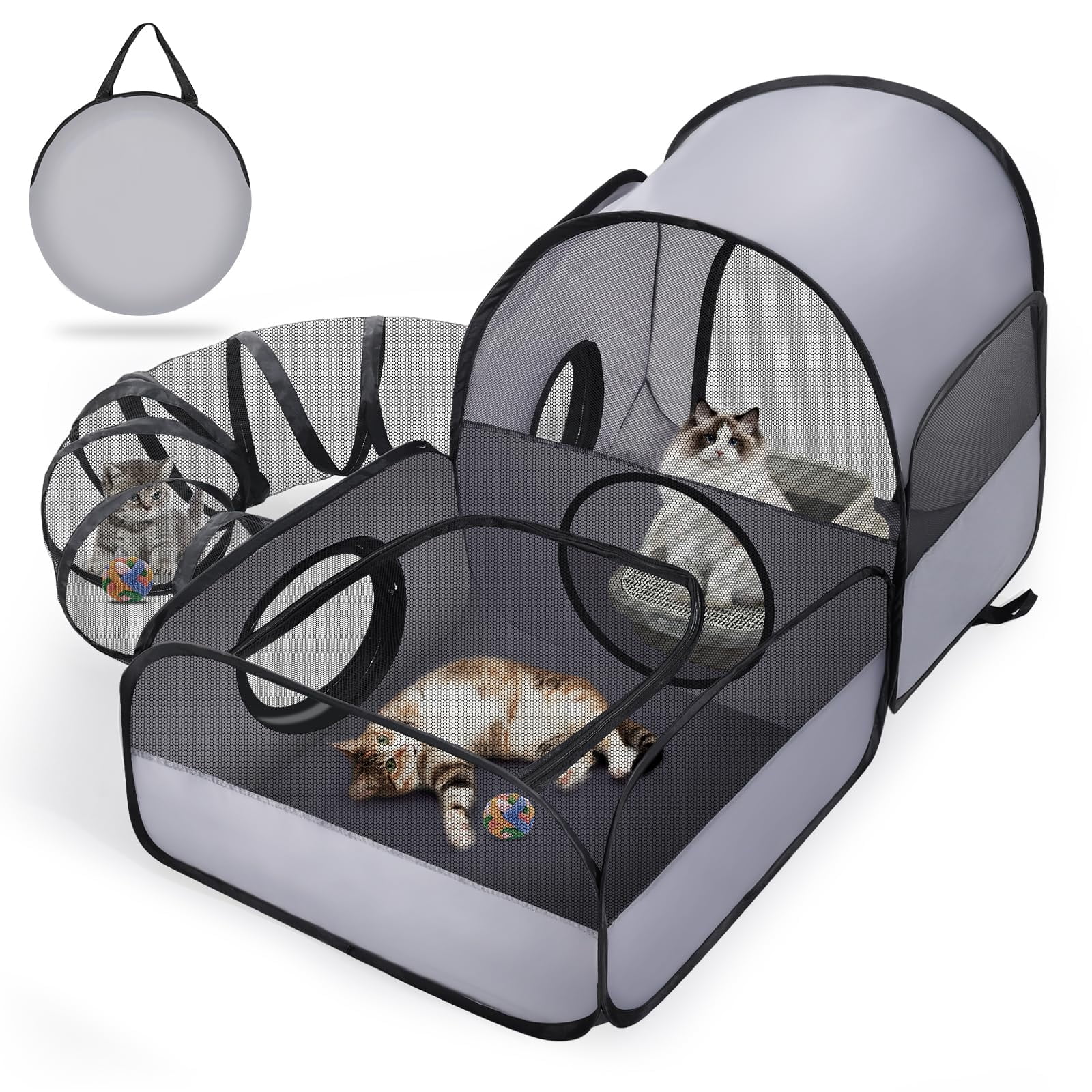 Portable Cat Playpen with Surround Tunnel, 2-Linked-Enclosed Areas ...