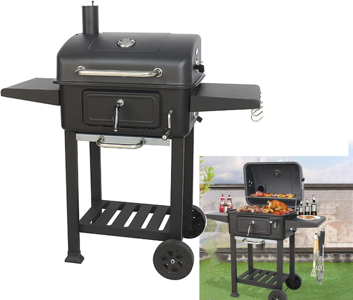 Portable Charcoal BBQ Grill, Large Food Cooking Grilling Smoker, Square ...