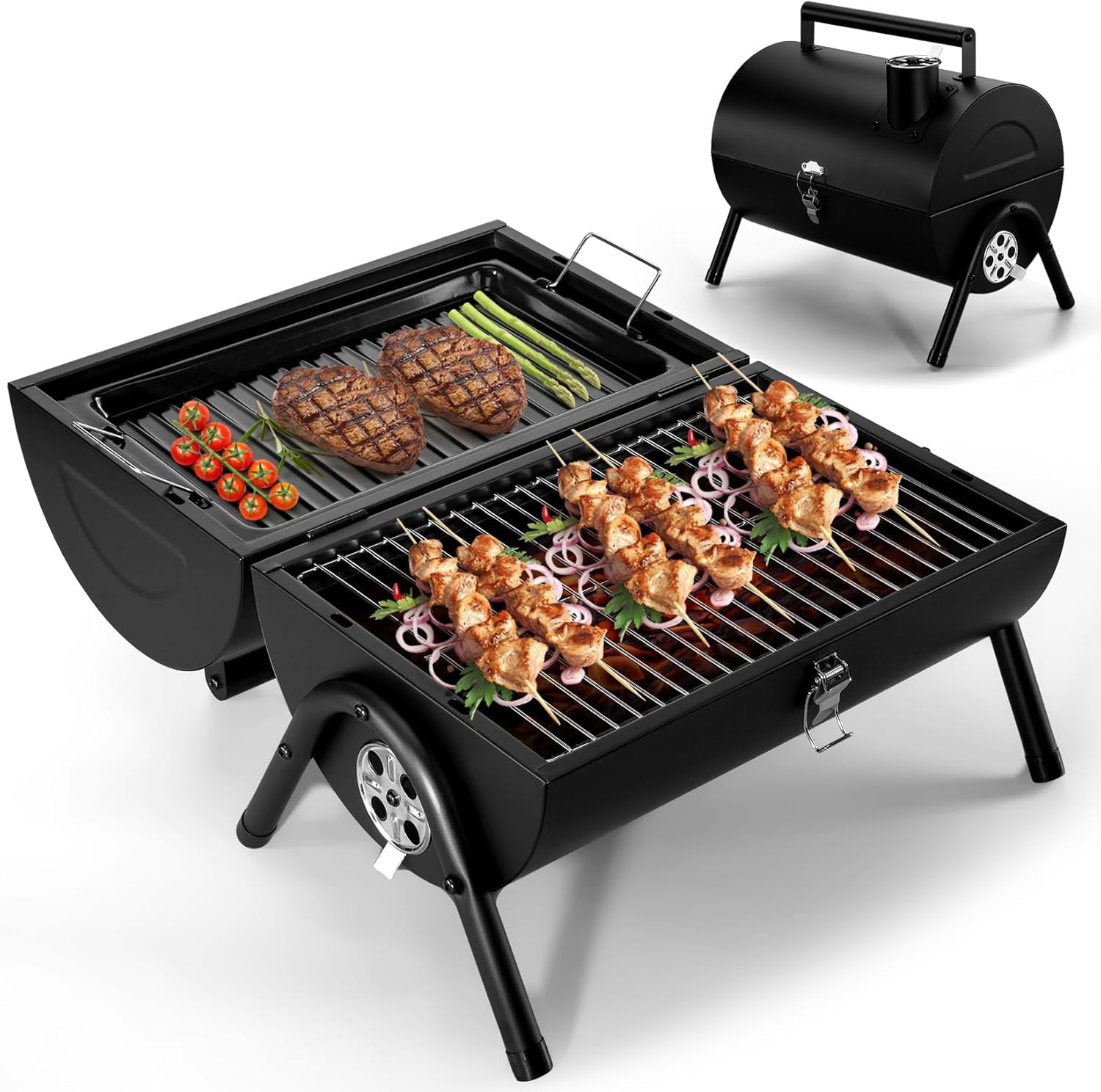 Portable Charcoal Grill (2 IN 1 Double-Sided), Small Tabletop Barbecue Grill with Food Tray ...