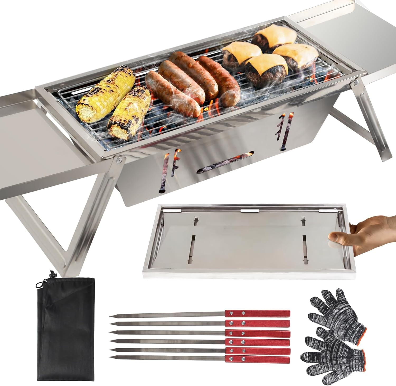 Portable Charcoal Grill with 6 Skewers - Stainless Steel Foldaway Grill ...