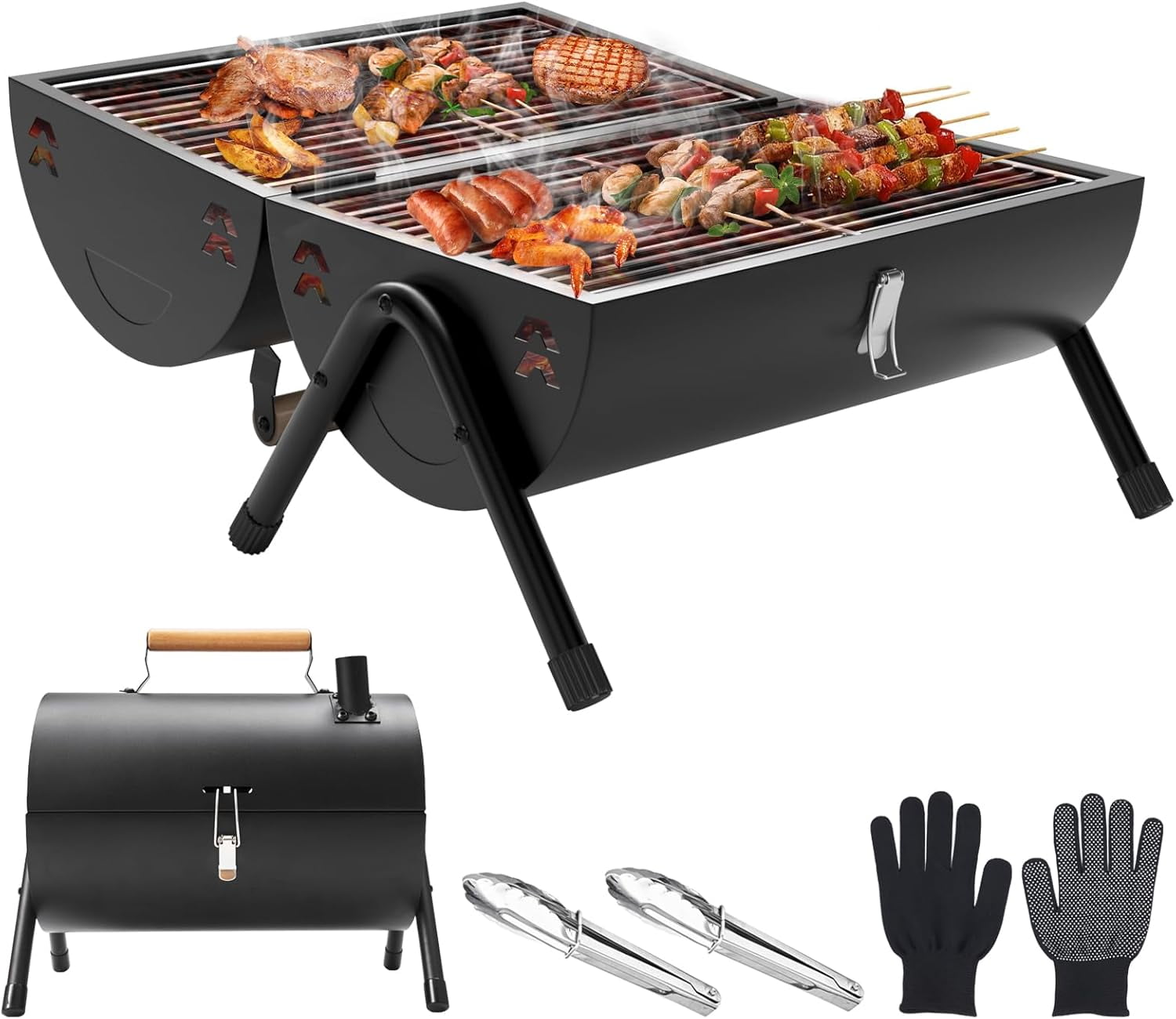 Portable Charcoal Grill with Chimney, Clips & Gloves, Double-Sided BBQ ...