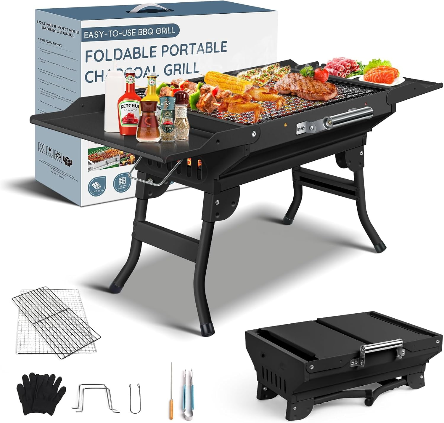 Portable Charcoal Grill Foldable Grills BBQ Grill Charcoal Small Grill for Travel, Camping ...