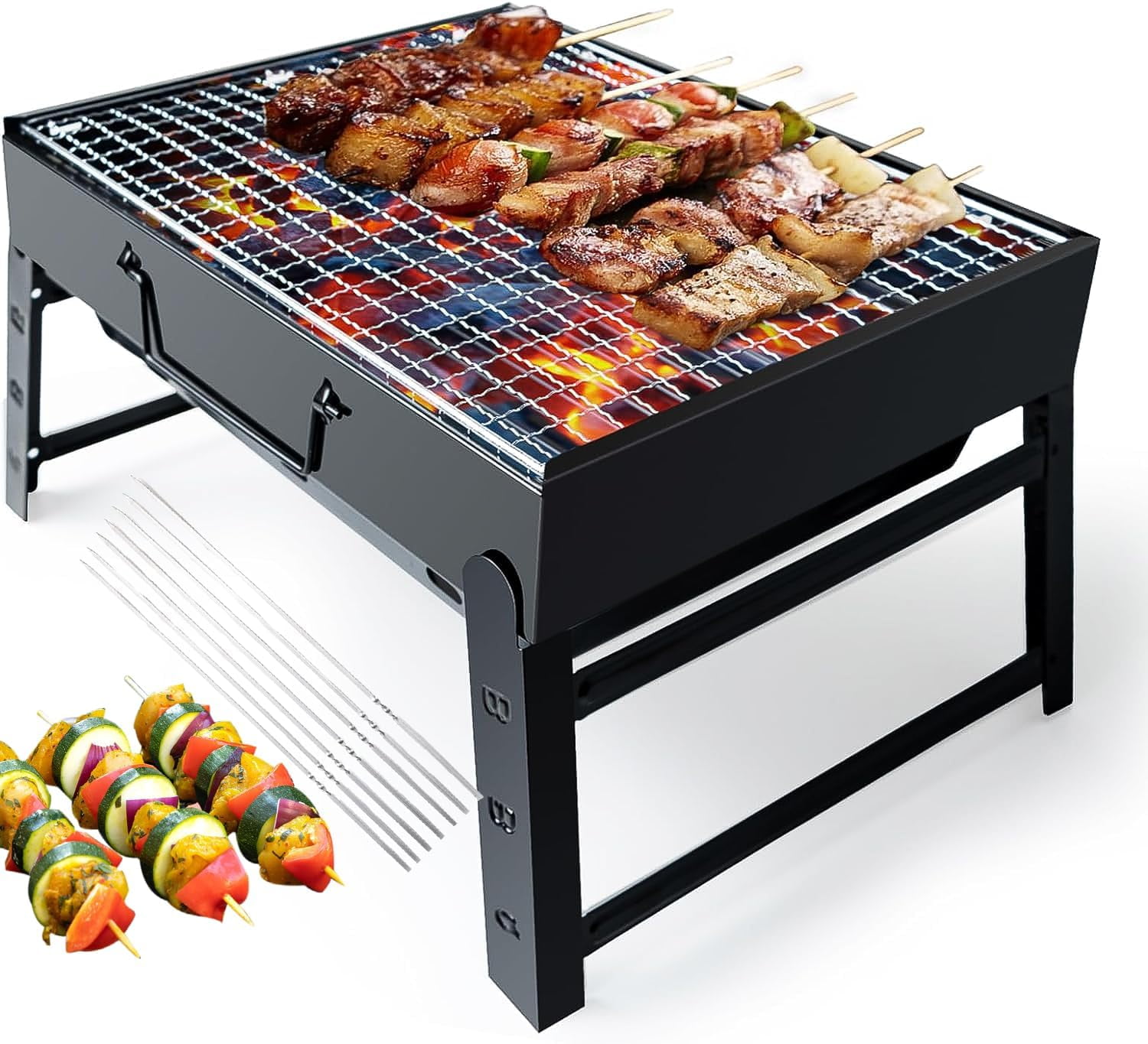 Portable Charcoal Grill Kit - 17.3" Folding BBQ Grill, Adjustable Heights,5 Skewers, 1 Spatula ...