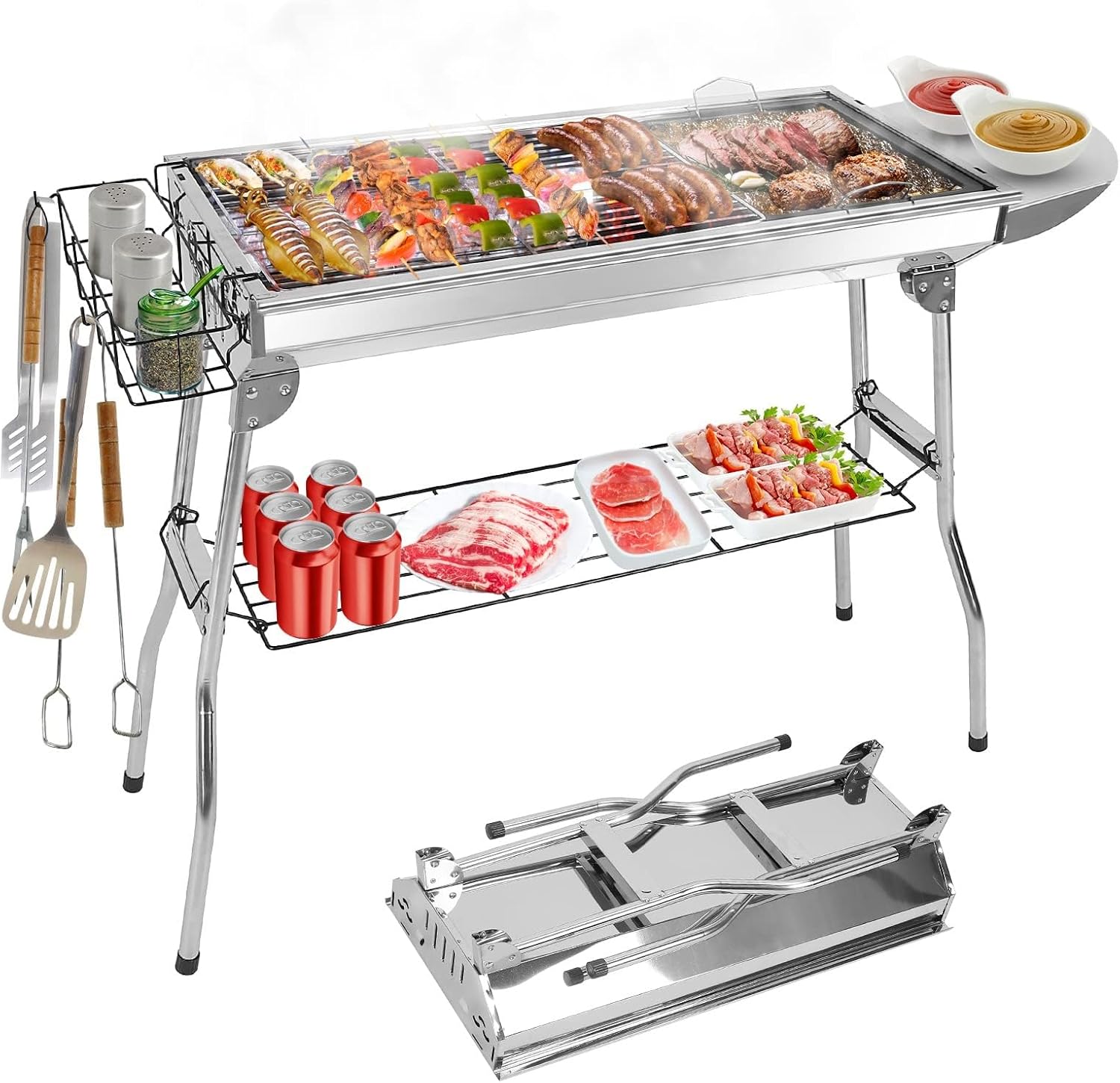 Portable Charcoal Grill, Large Stainless Steel Folding BBQ Grill, Foldable Barbecue Grill with ...