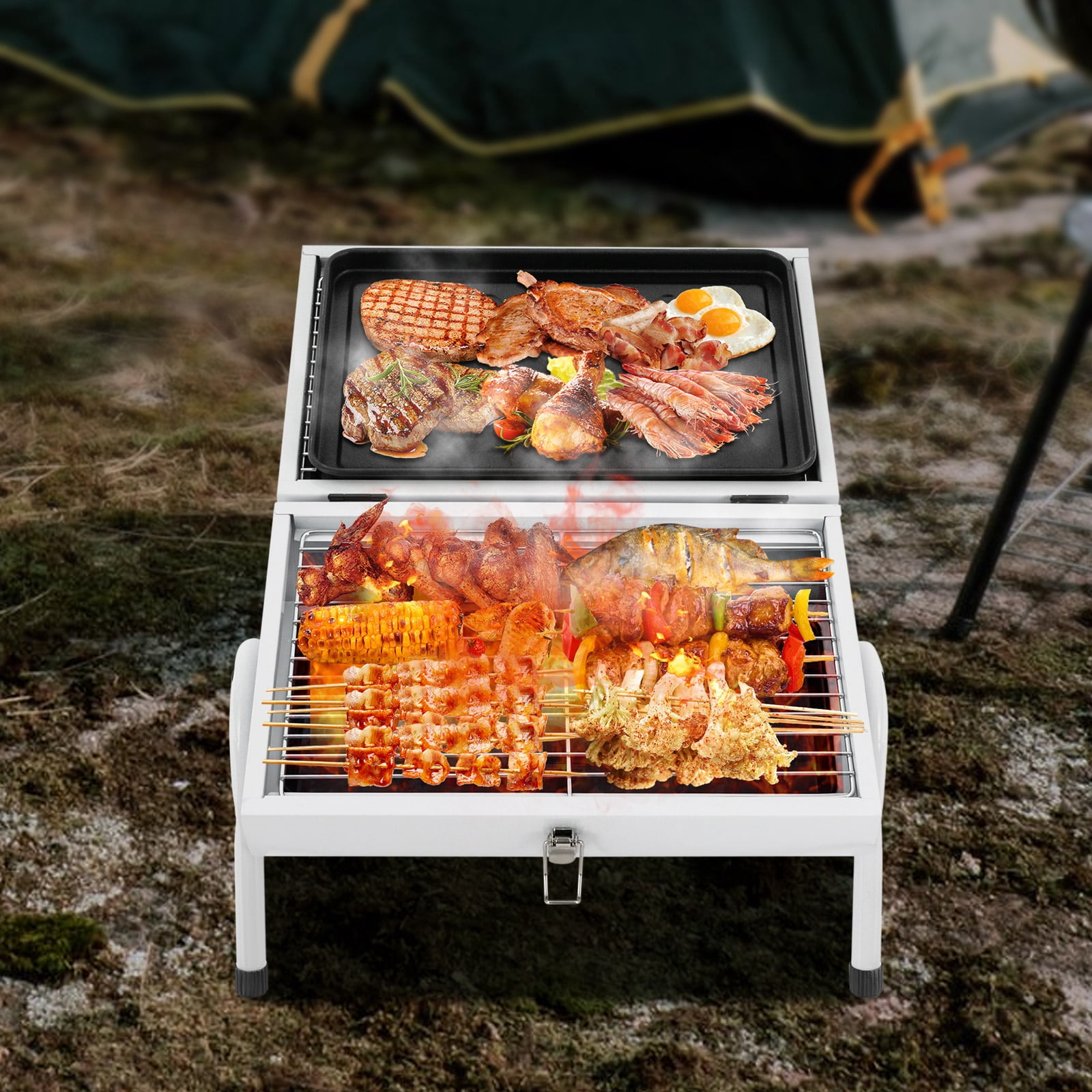 Portable Charcoal Grill, Multi-functional BBQ Grill with Thermometer ...