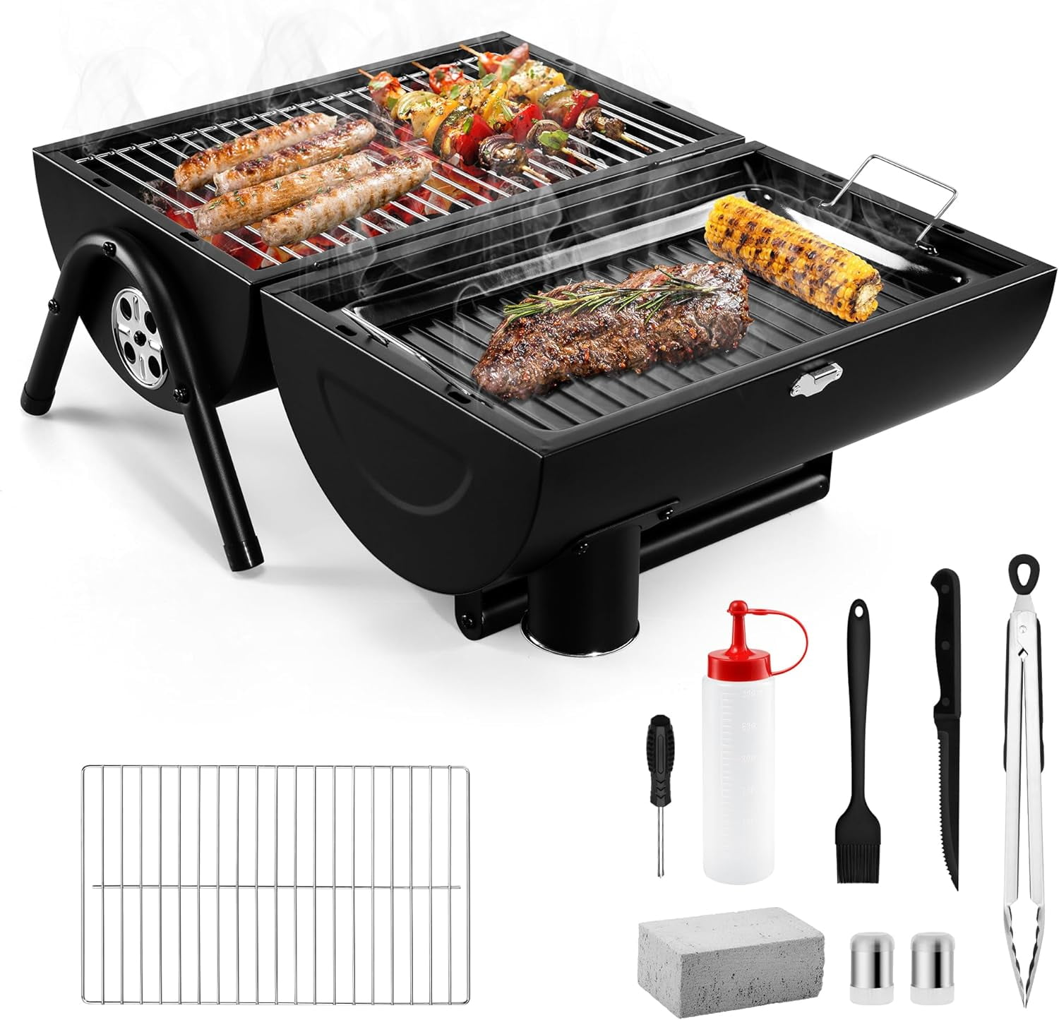 Portable Charcoal Grill, Outdoor BBQ Folding Mini Smoker, Adjustable Small Tabletop Grill with ...