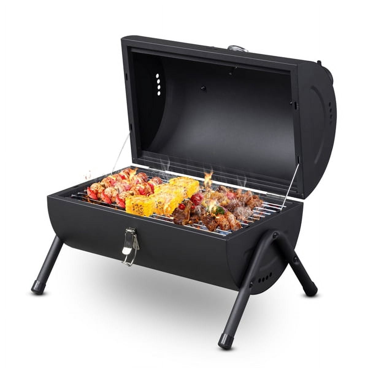 Portable Charcoal Grill with Thermometer & Wooden Handle, Compact Tabletop Barbecue Grill for ...