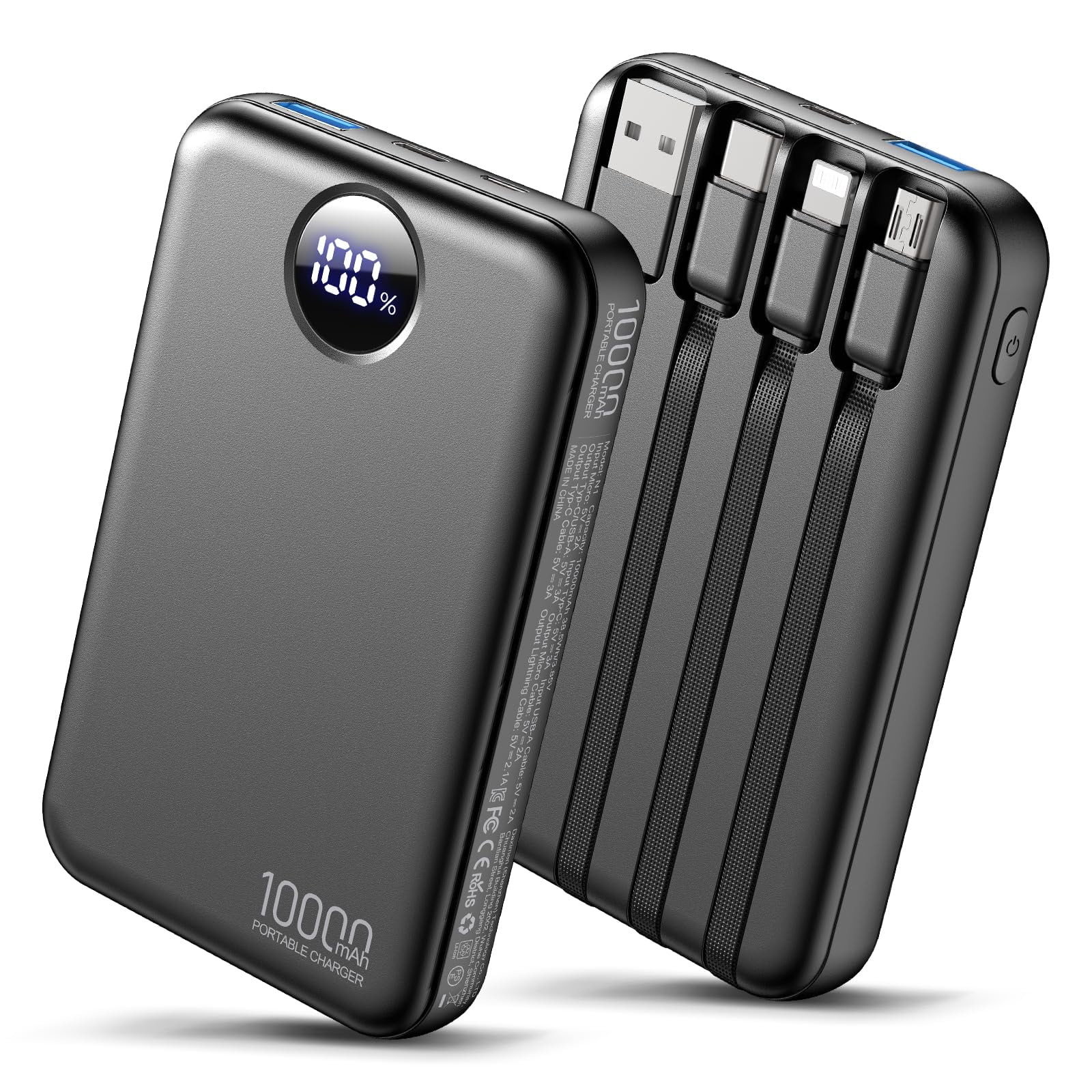 Portable Charger 10000mAh Power Bank with 4 Built-in Cables,LED Display ...