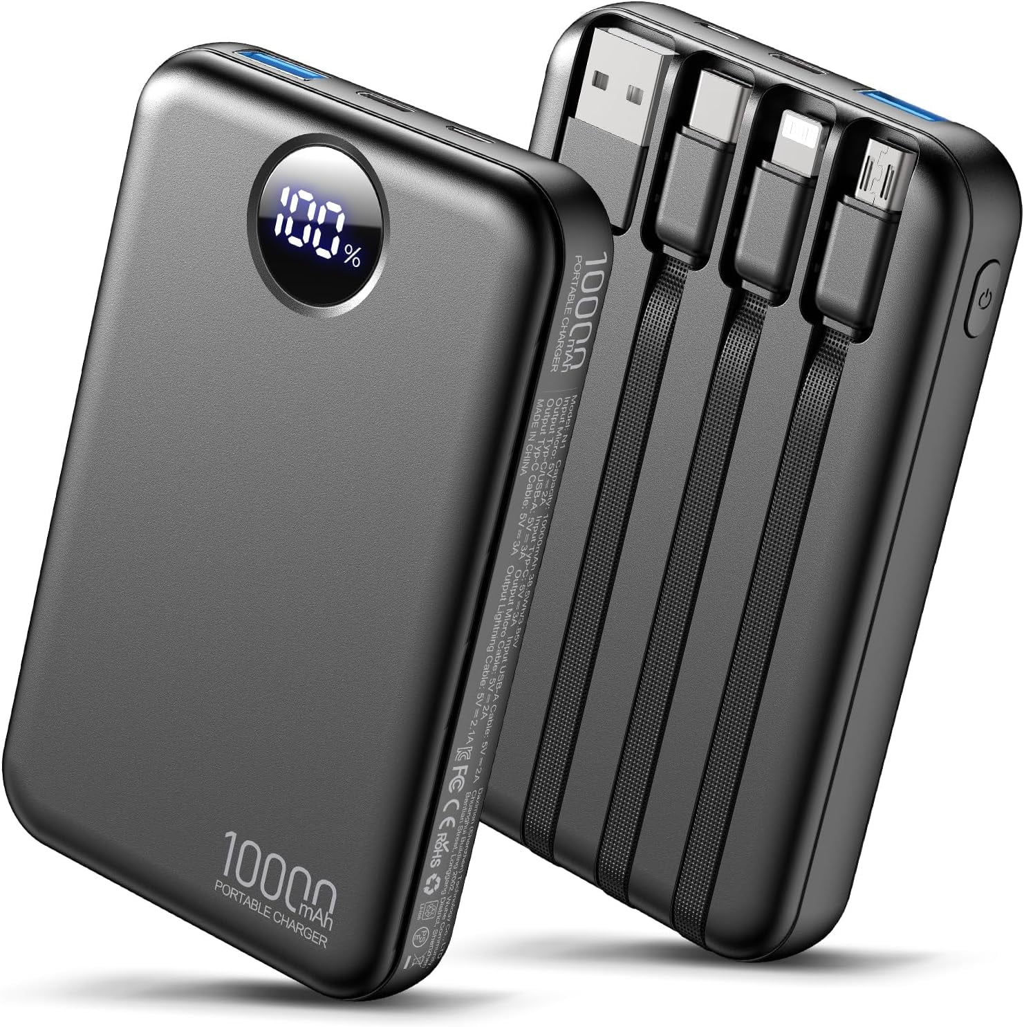 Portable Charger 10000mAh Power Bank with 4 Built-in Cables,LED Display ...