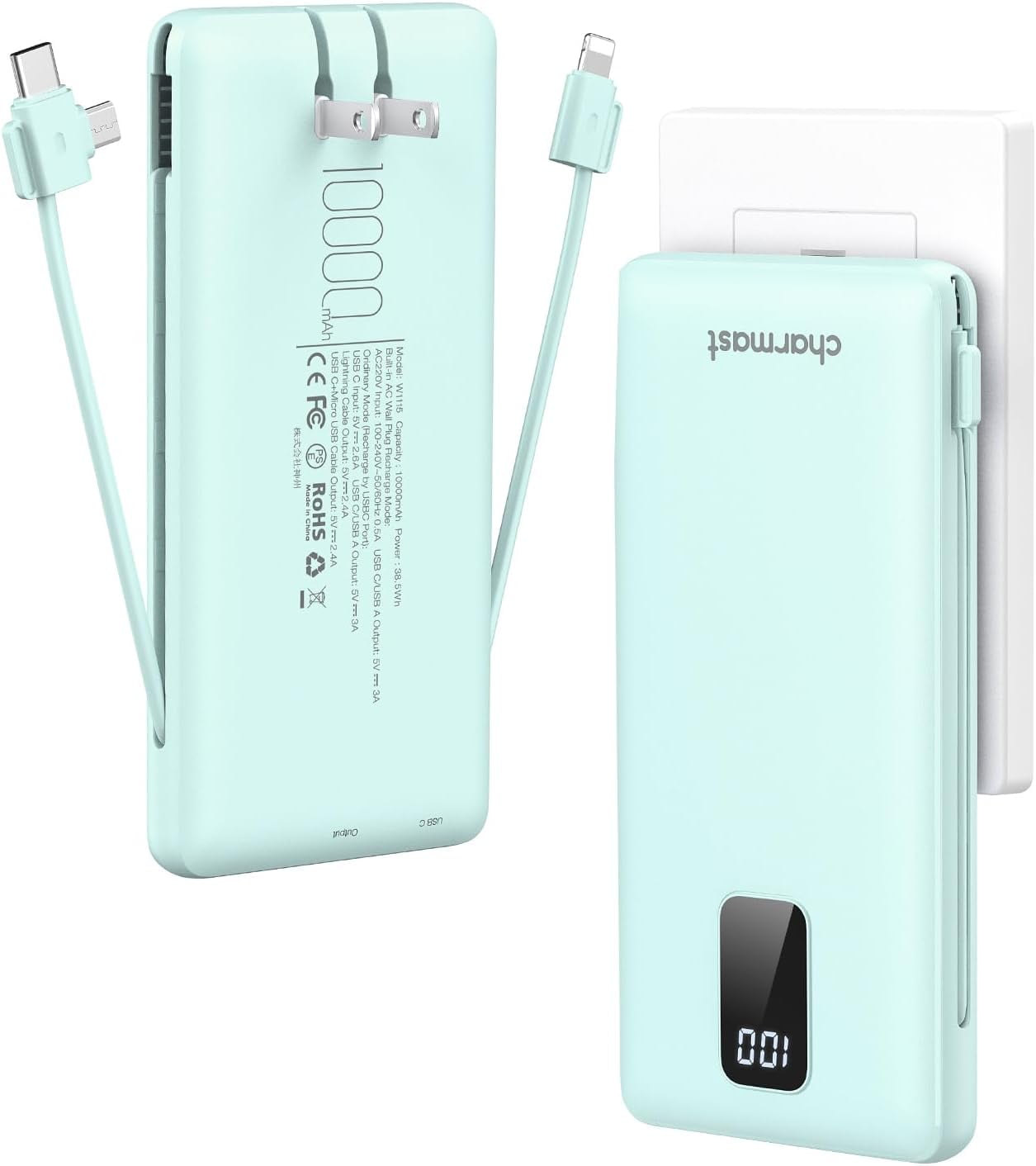 Portable Charger with Built-in Cables and Plug, 10000mAh USB C Power ...