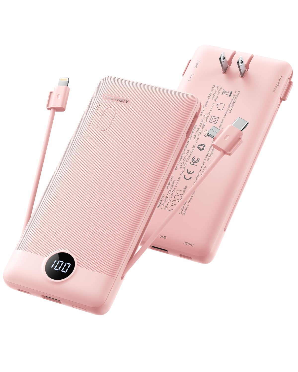 Portable Charger Compatible with iPhone, Built-in Cables and Wall Plug ...