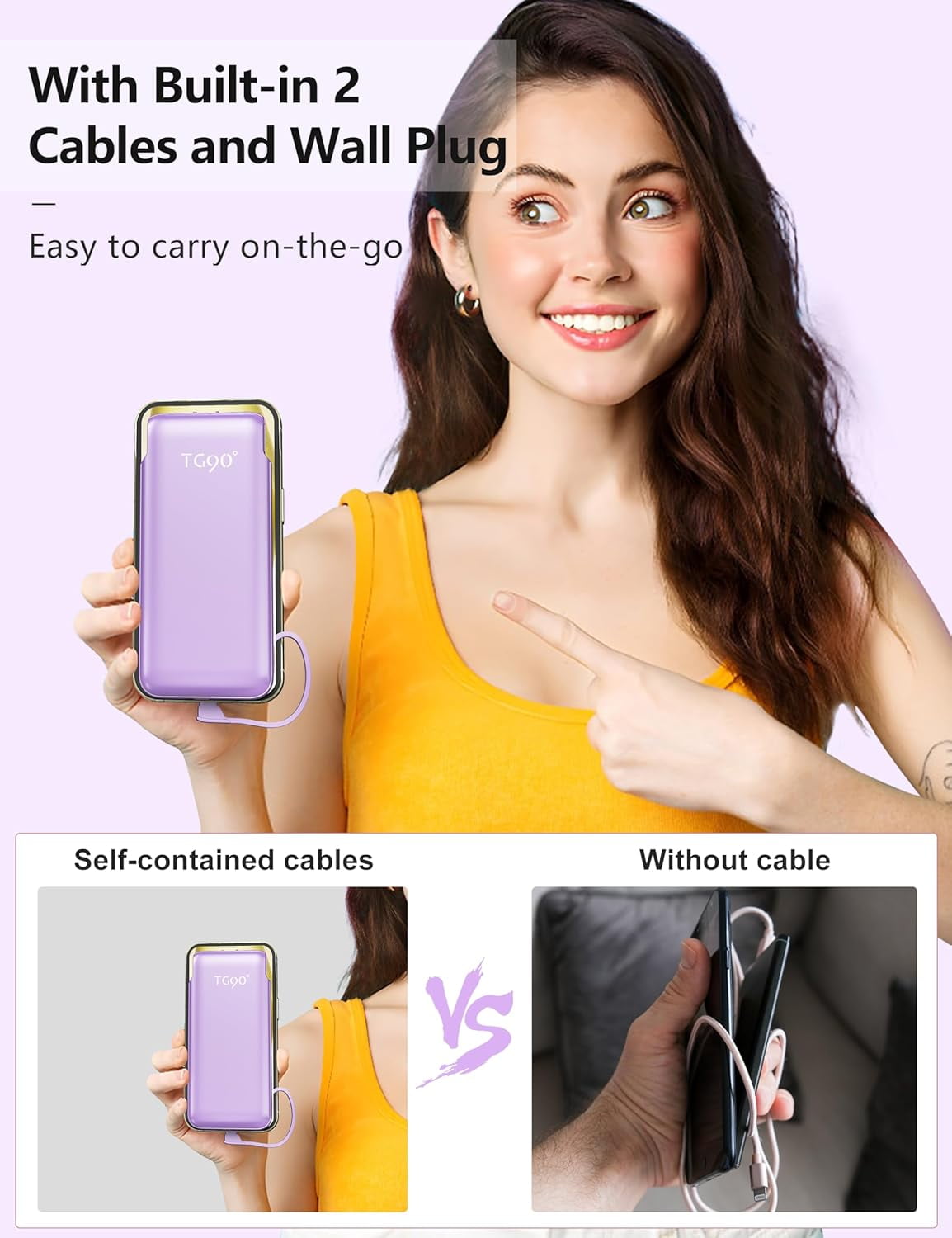 Portable Charger Power Bank with Built in Cable and AC Wall Plug ...