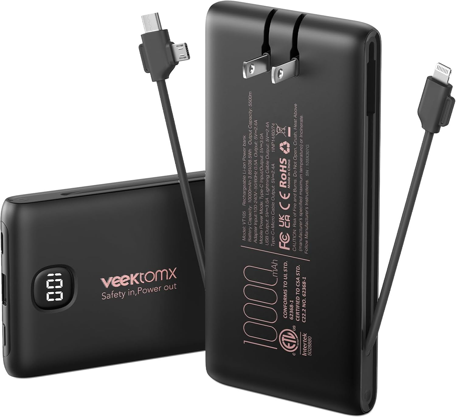 Portable Charger Power Bank Built in Cables and Wall Plug, 10000mAh ...