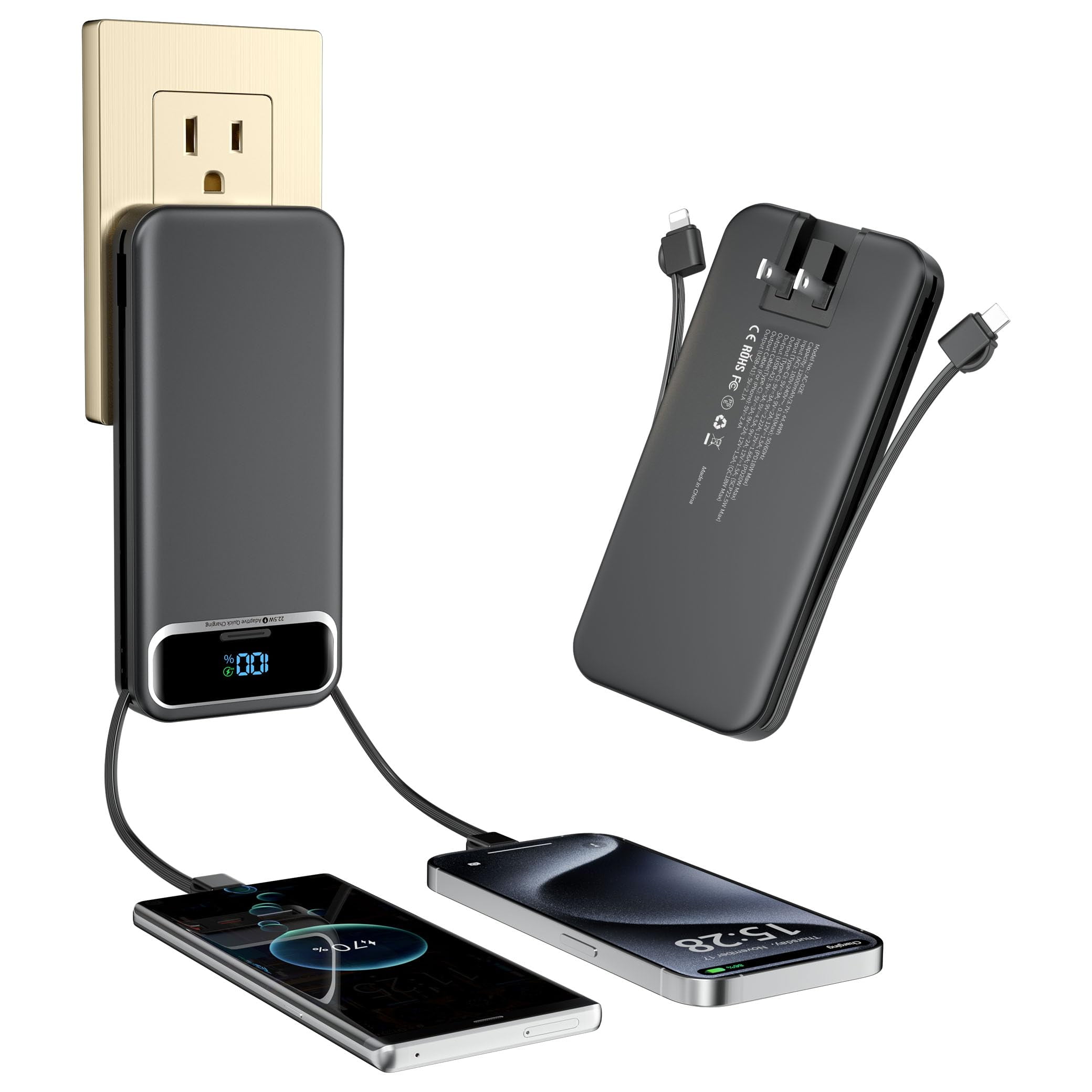 Portable-Charger Power-Bank with Built-in Cables & AC Wall Plug ...