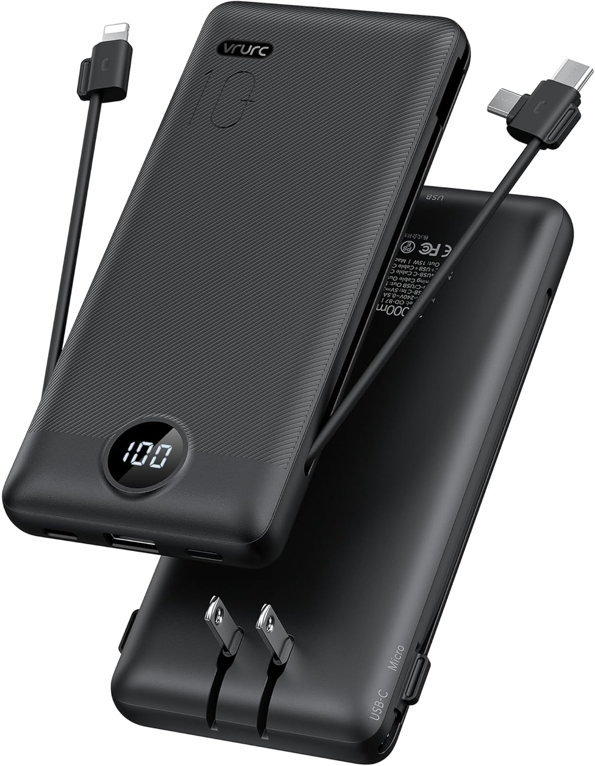 Portable Charger,Power Bank Built-in Cables and AC Wall Plug, USB C ...