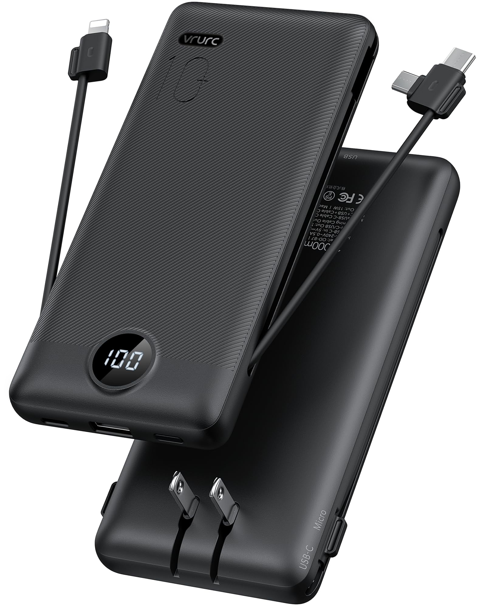 Portable Charger,Power Bank Built-in Cables and AC Wall Plug,VRURC USB ...