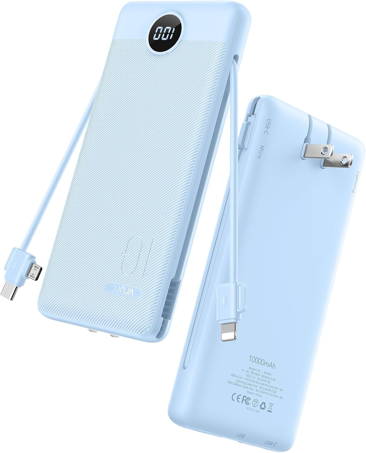 Portable Charger with Wall Plug and Cables, 10000mAh Power Bank 22.5W ...