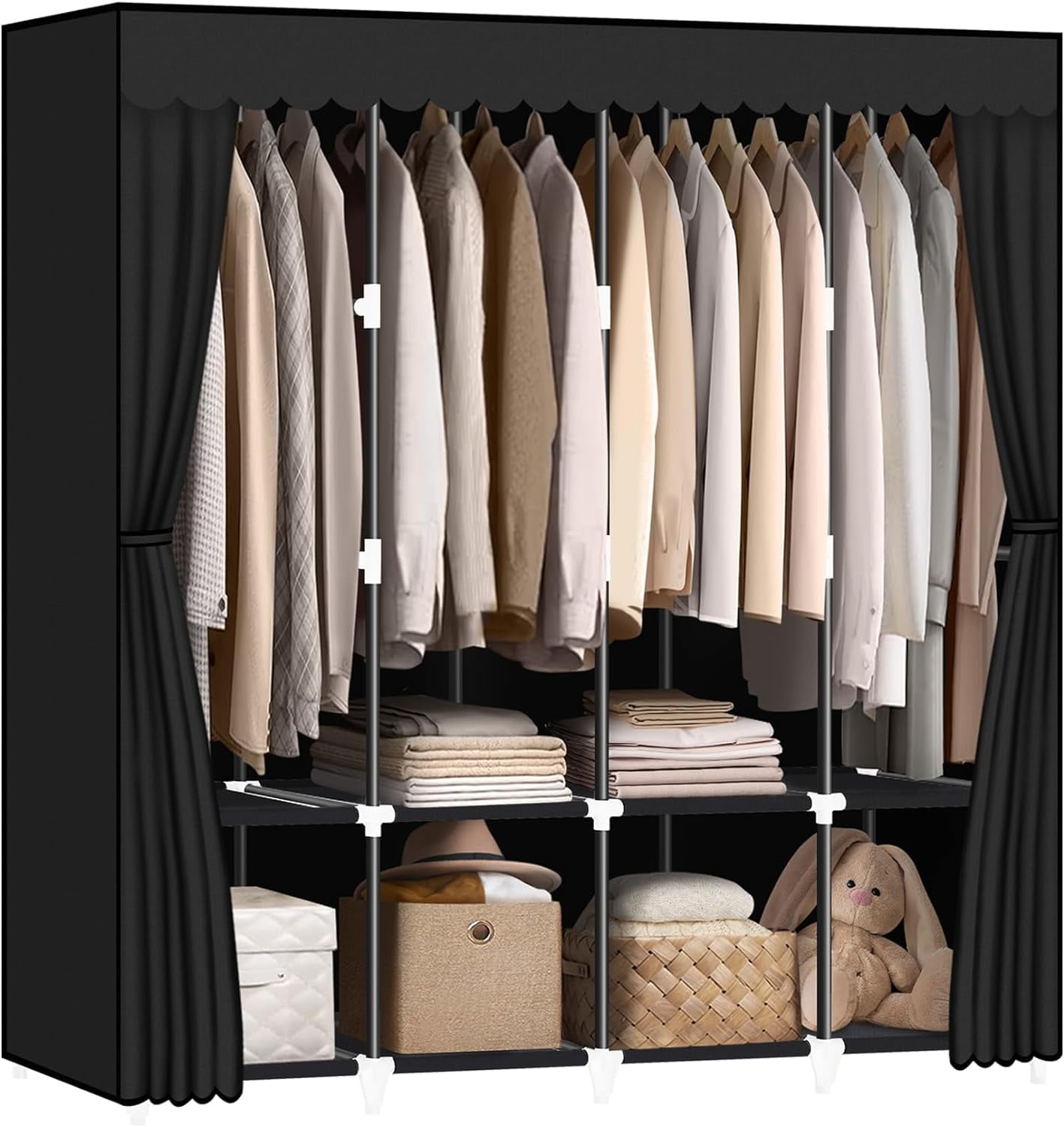 Portable Closet, Black Wardrobe Closet Organizer with Cover, Portable ...