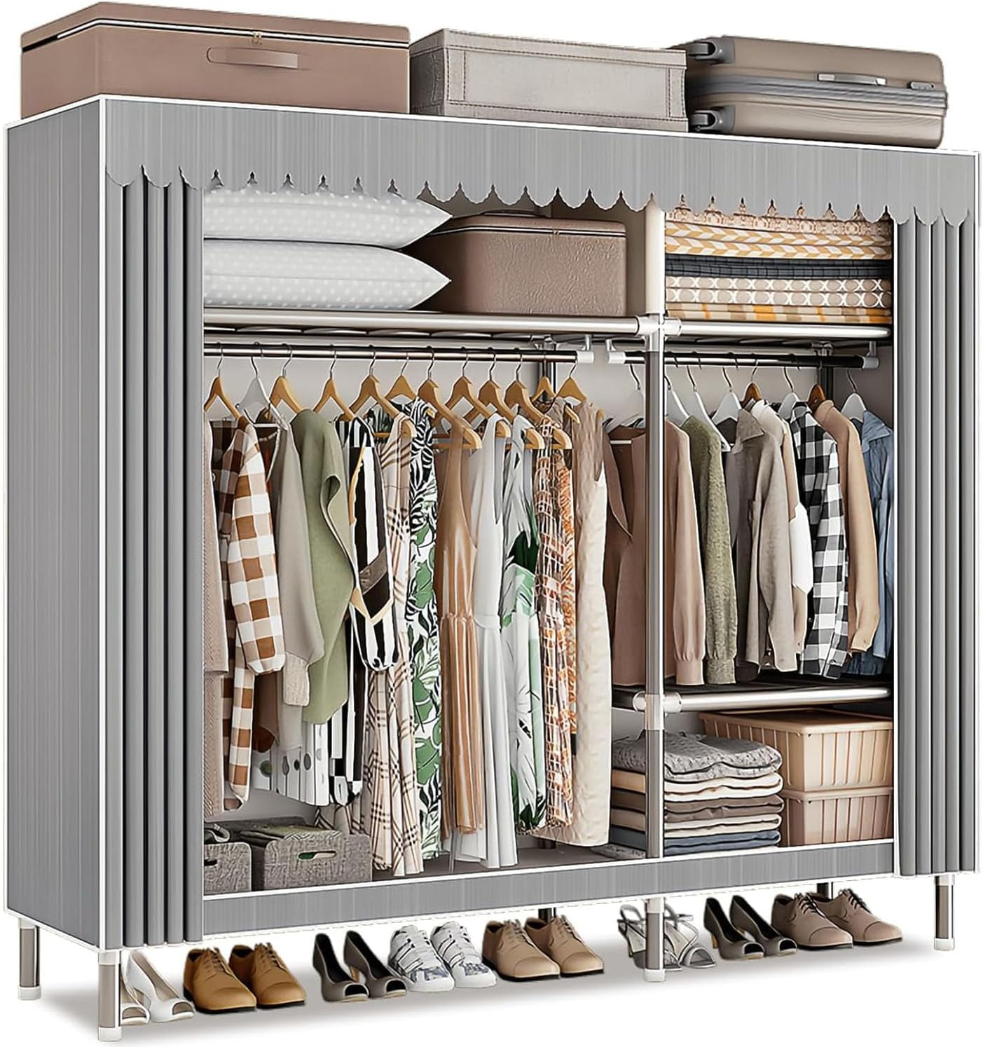 Portable Closet Closet Wardrobe, Wardrobe Rack with Cover, Gray Stripes ...