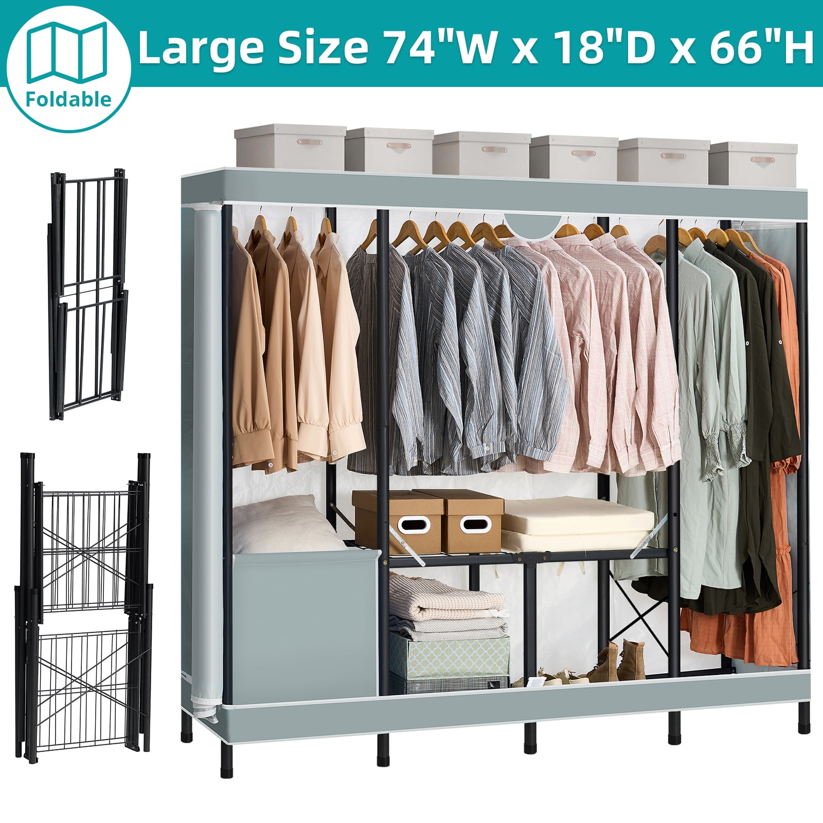 "HONEIER Portable Foldable Clothes Rack with Cover, Storage Bag, 74""L ...