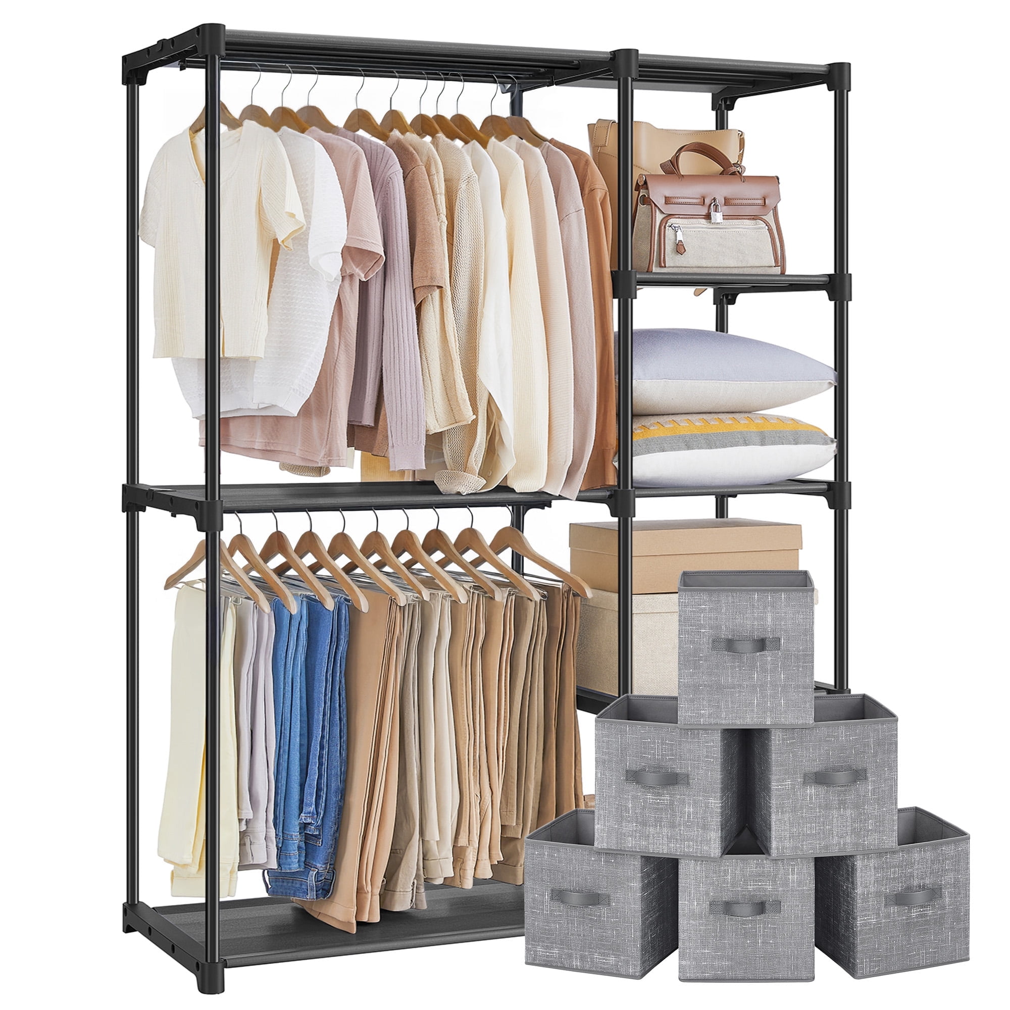 Portable Closet Organizer with 6 Storage Cubes & Hanging Rods, Foldable ...