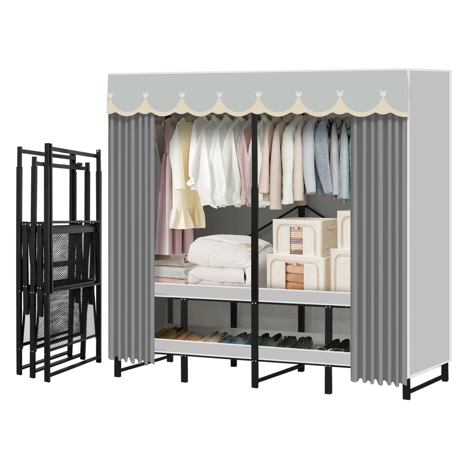 Portable Closet Rack Heavy-Duty Foldable Garment Racks with Cover ...