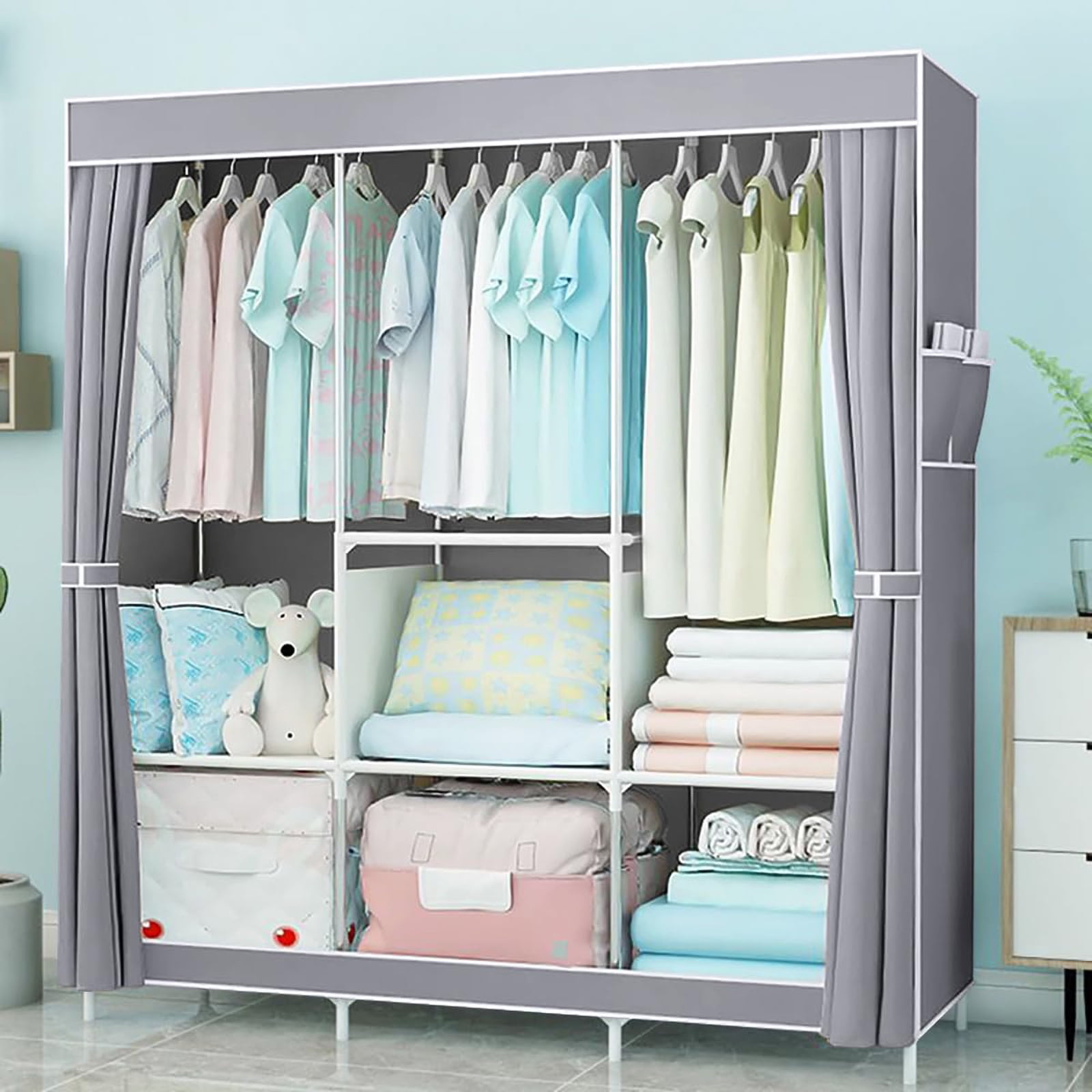 Portable Closet Storage Organizer，Clothes Organizer with 3 Hanging Rod ...