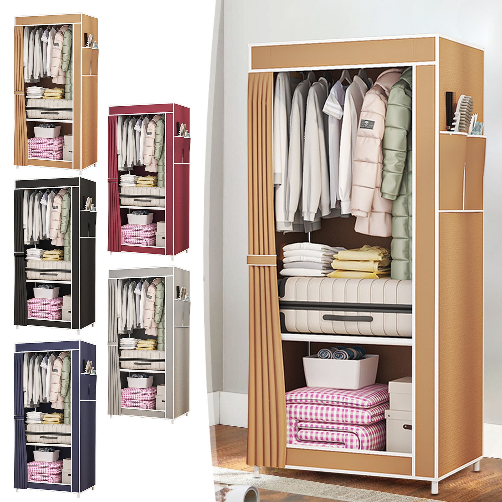 Portable Closet Wardrobe,Foldable with Hanging Rail and Shelves,Heavy ...