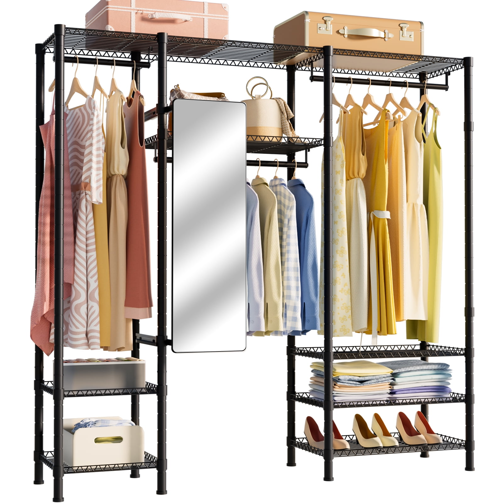 Portable Closet Wardrobe with Foldable Mirror,Heavy Duty Clothes Rack,L ...
