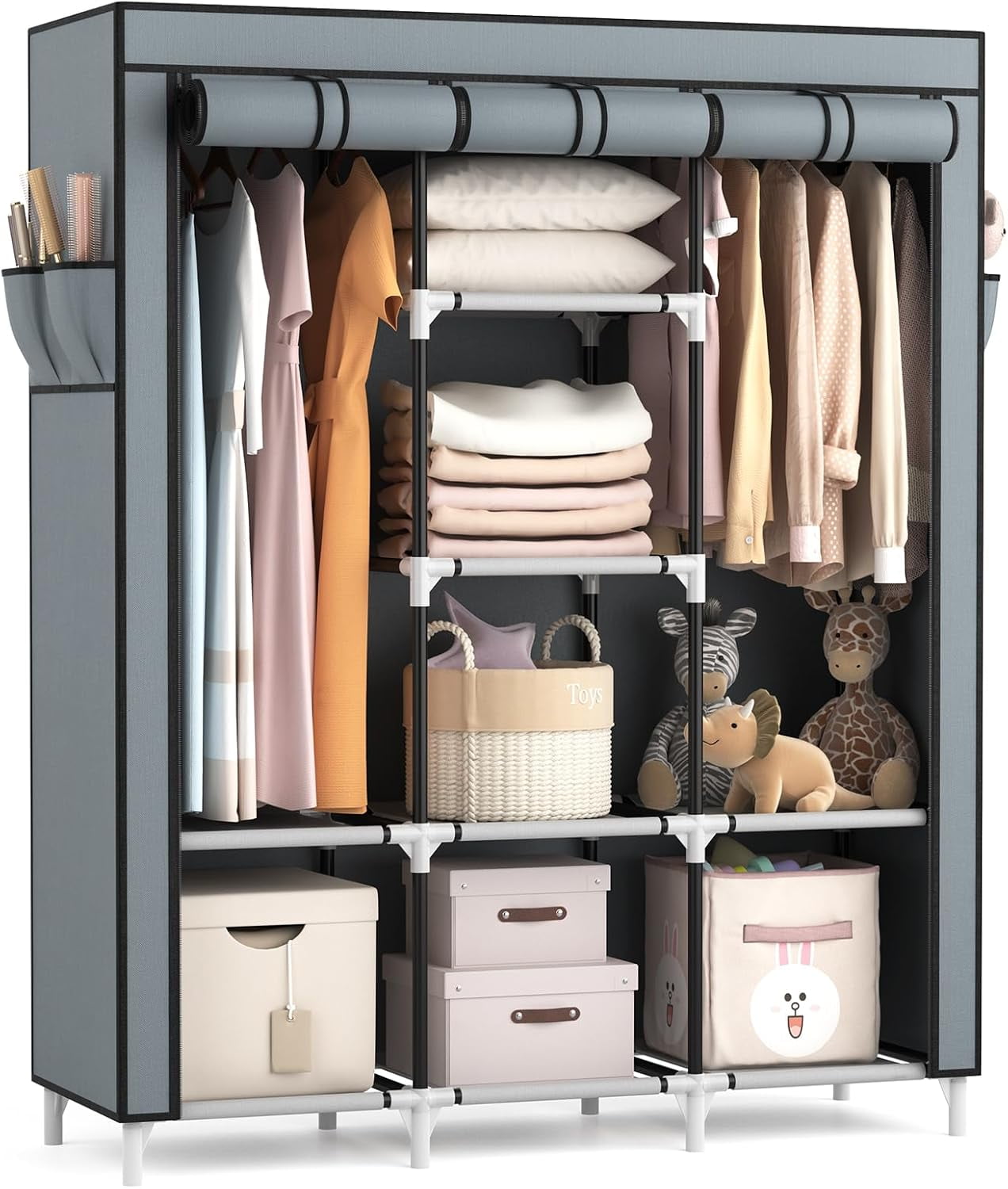 Portable Closet Wardrobe for Hanging Clothes with 2 Hanging Rods and 8 ...