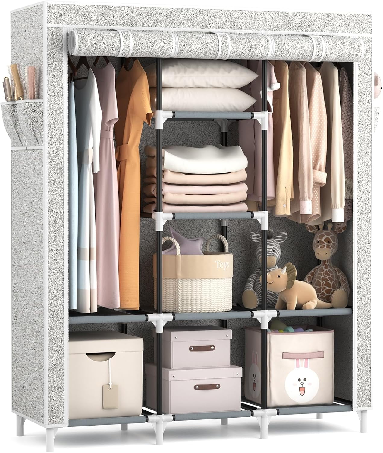 Portable Closet Wardrobe for Hanging Clothes with 2 Hanging Rods and 8 ...