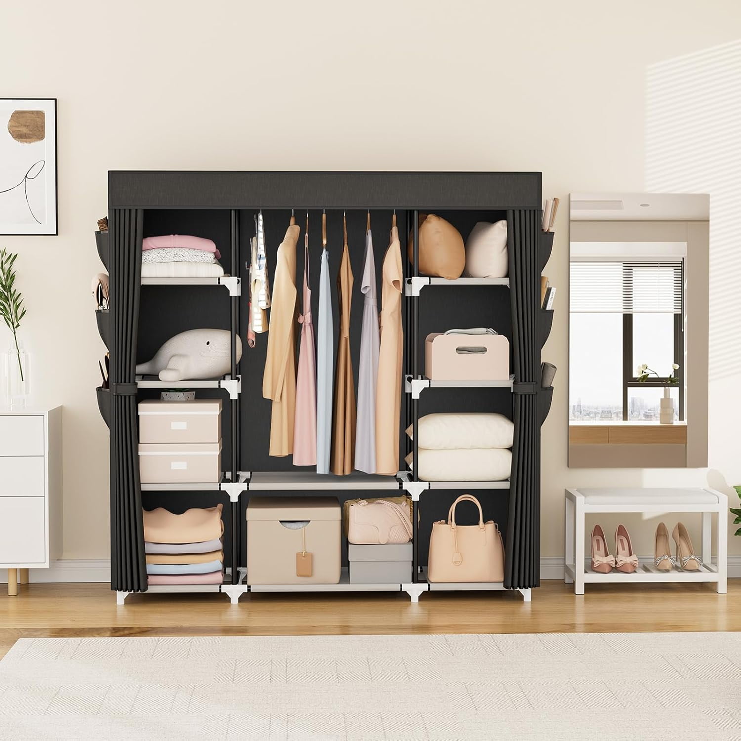Portable Closet Wardrobe for Hanging Clothes 57.3 Inch Large Capacity ...