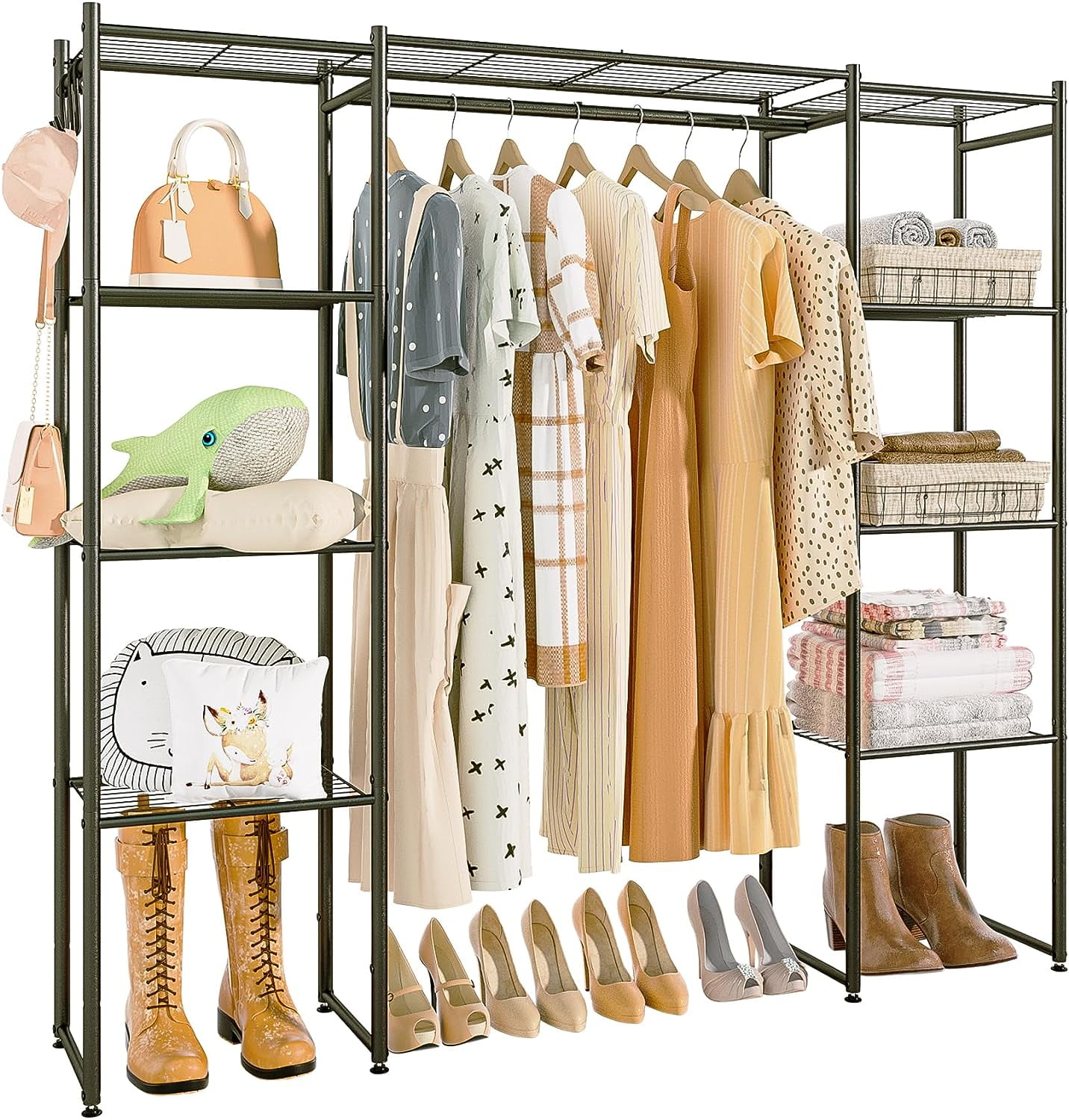 Portable Closet Wardrobe, Metal Clothing Rack with 8 Shelves & 1 Hang ...
