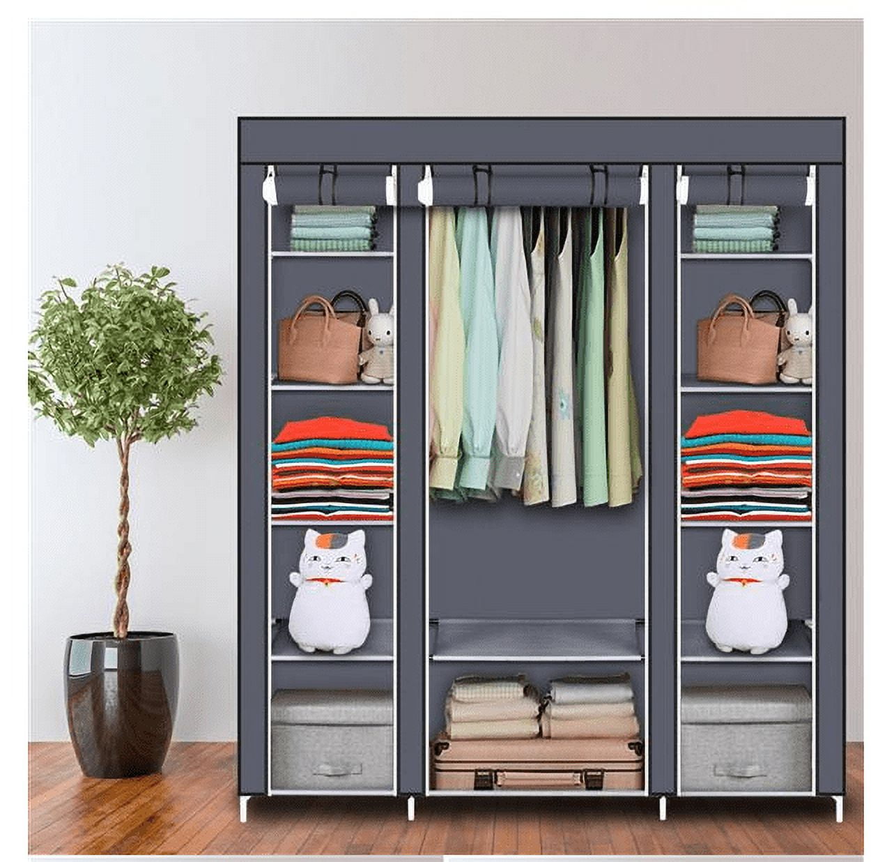 Portable Closet Wattne 59 Inch Wardrobe Closet for Hanging Clothes with 1 Hanging Rods 12 Clothes Storage Organizer Shelves Gray Closet Extra