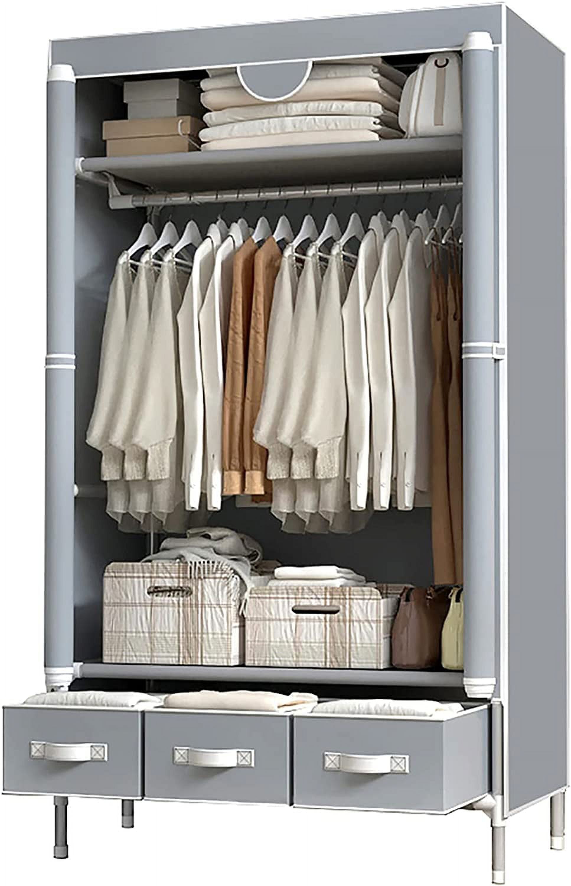 Portable Clothes Closet Rolling Door Wardrobe with Hanging Rack Non ...