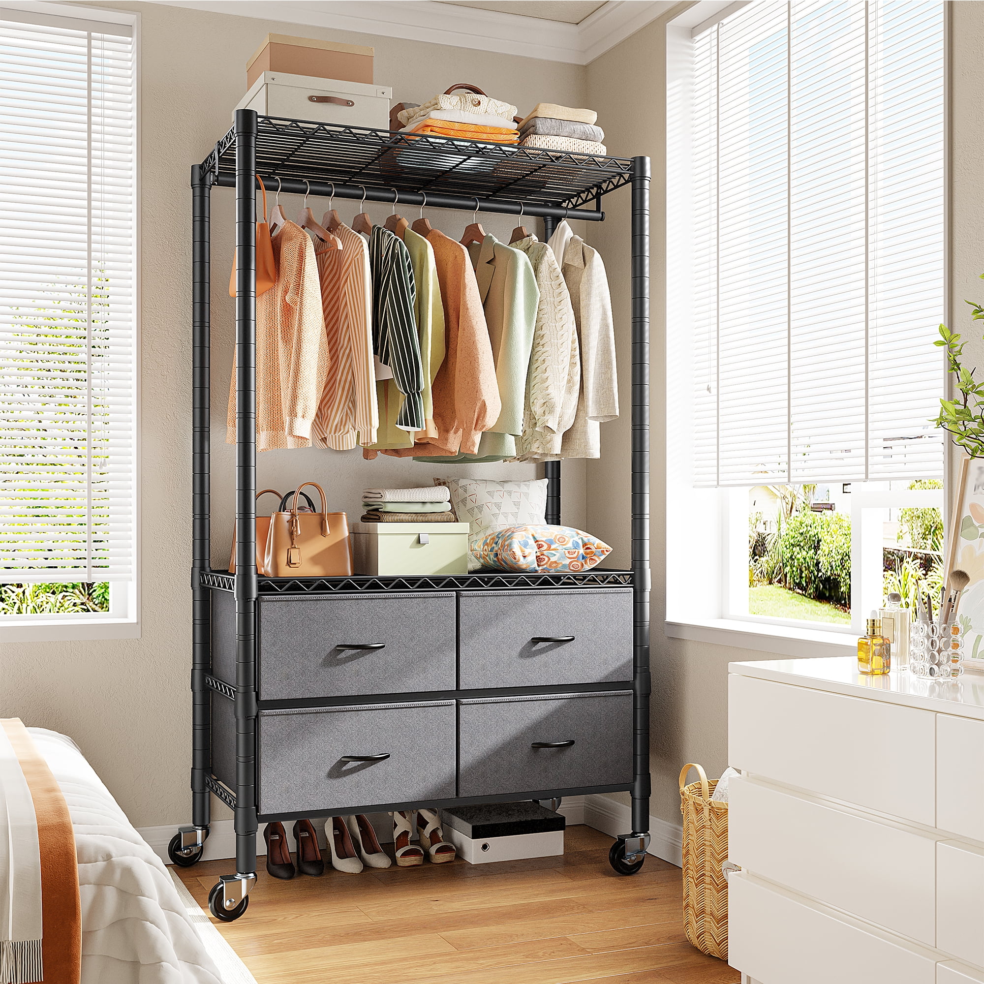 Rollaway Wardrobe, Portable Clothes Rack with Fabric Drawers, Closet ...