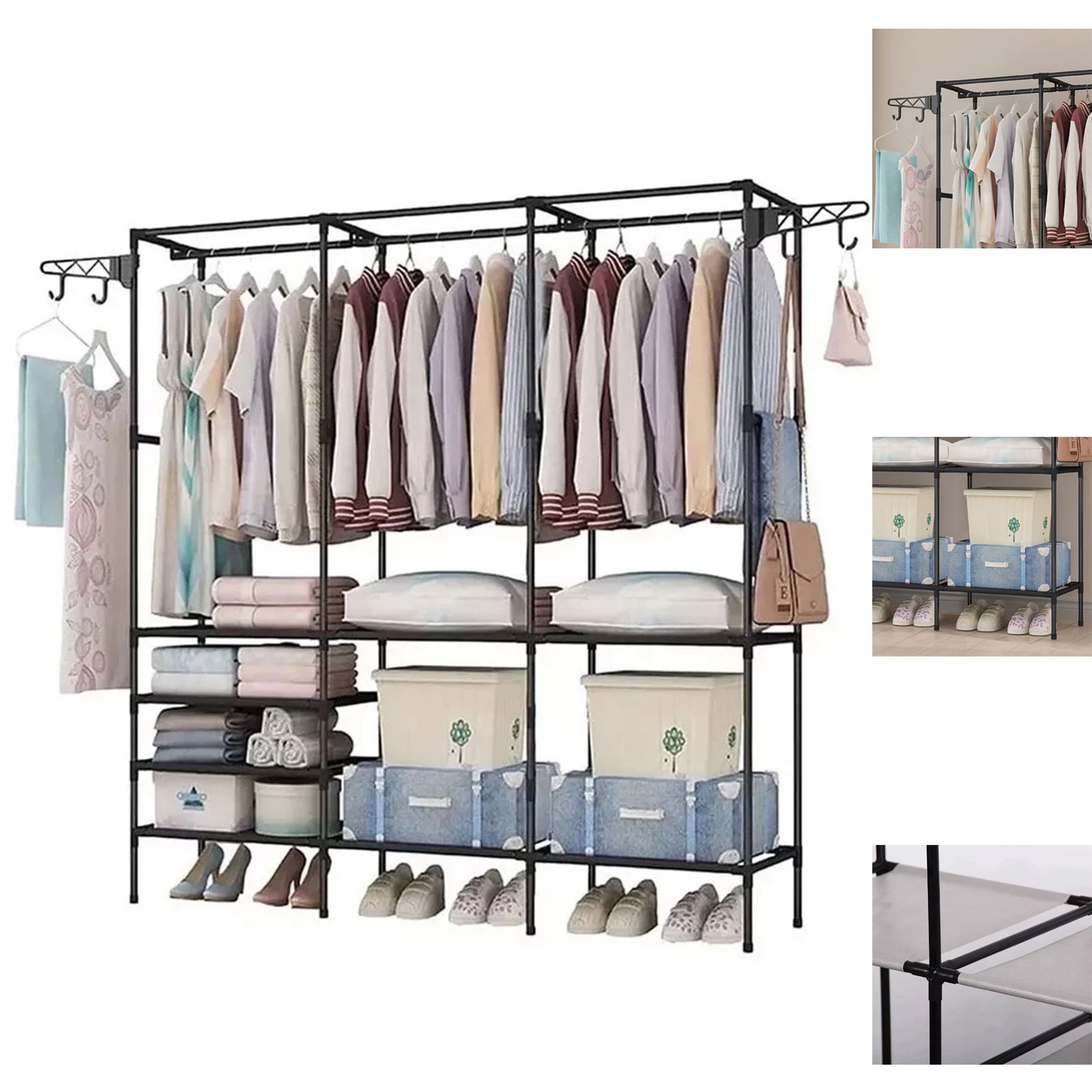 "Heavy Duty Portable Wardrobe Rack with Shelves, 3 Hang Rods, 2 Hooks ...