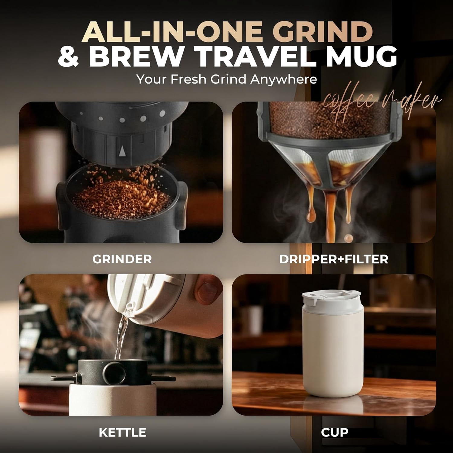 Portable Coffee Maker with Electric Grinder and Insulated Mug for ...