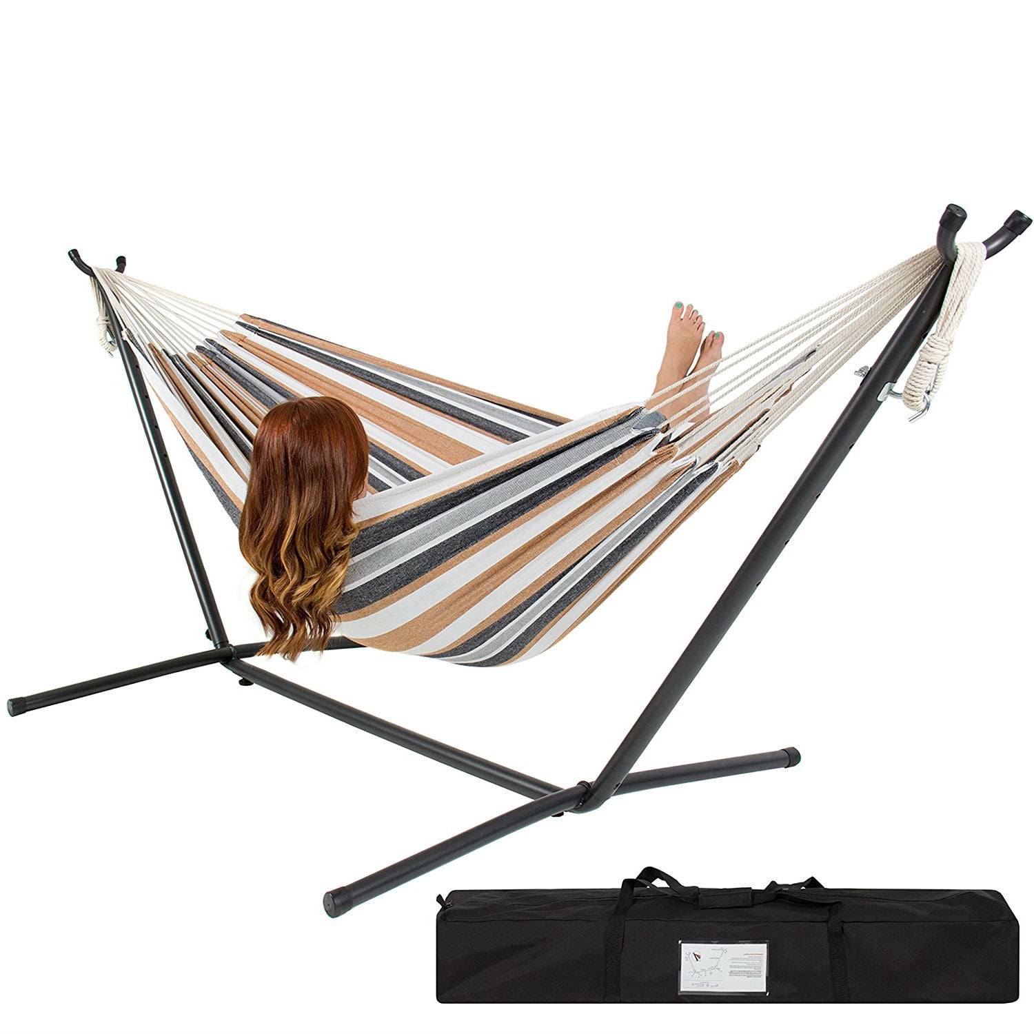 Portable Cotton Hammock in Desert Stripe with Metal Stand and Carry ...