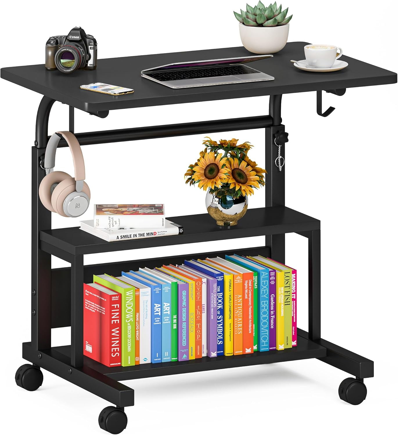 Portable Desk with Storage Shelves, Height Adjustable Desk with Wheels ...