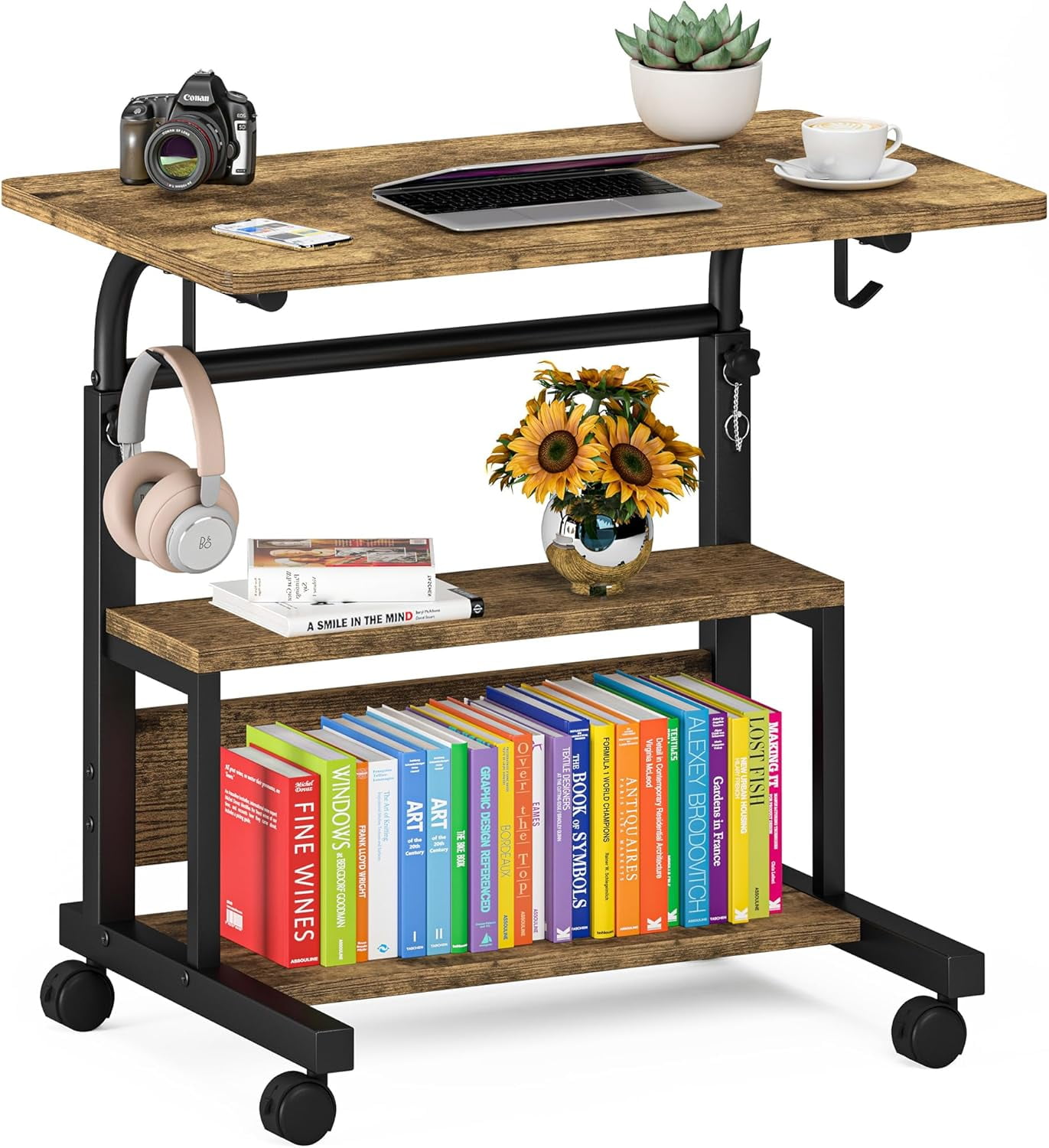 Portable Desk with Storage Shelves, Height Adjustable Desk with Wheels ...