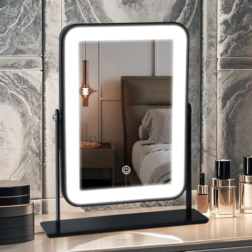 Portable Desk Vanity Mirror with Lights,Black Rechargeable Small Makeup ...