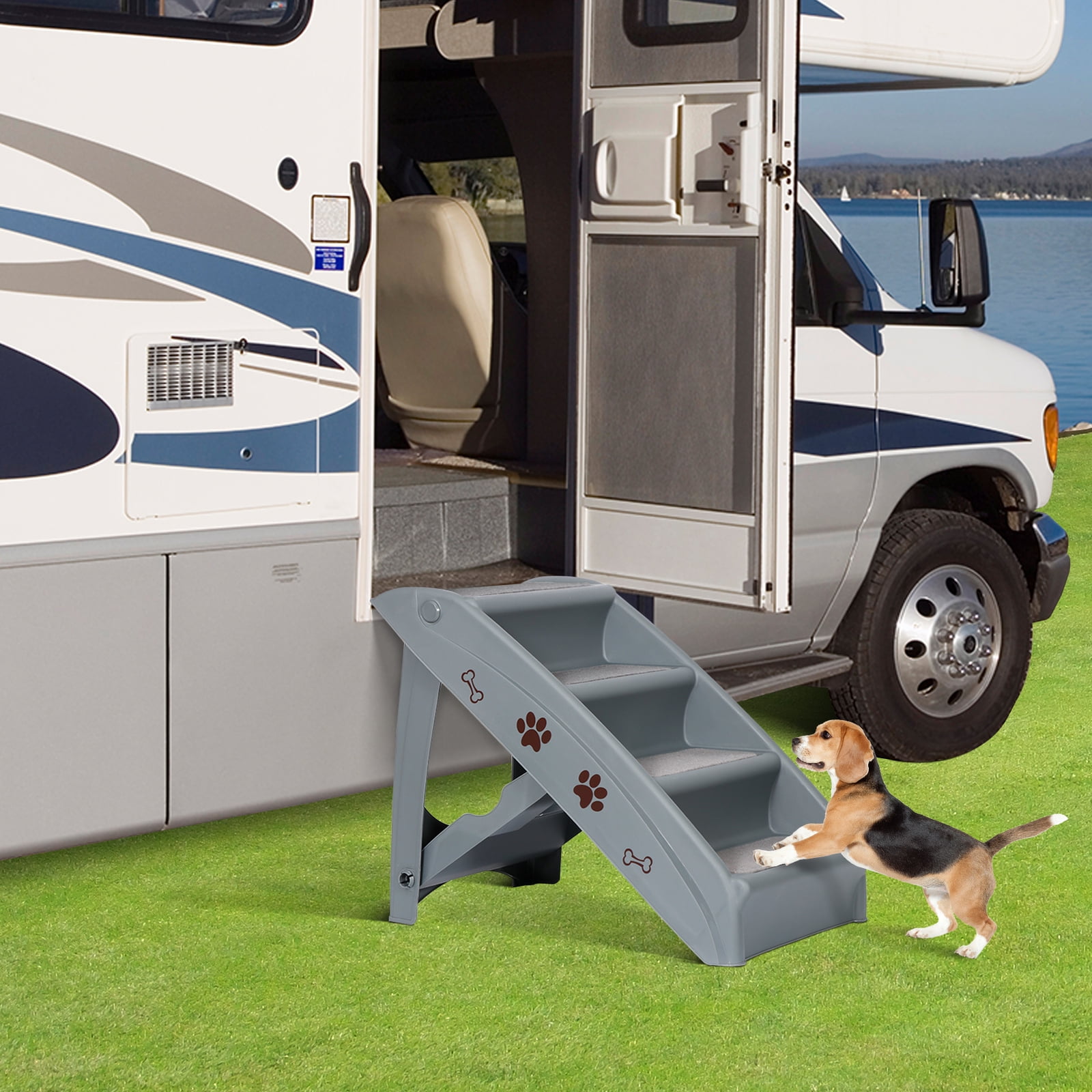 Portable Dog Stairs With 4 Steps Dark Grey Foldable Pet Support Access ...