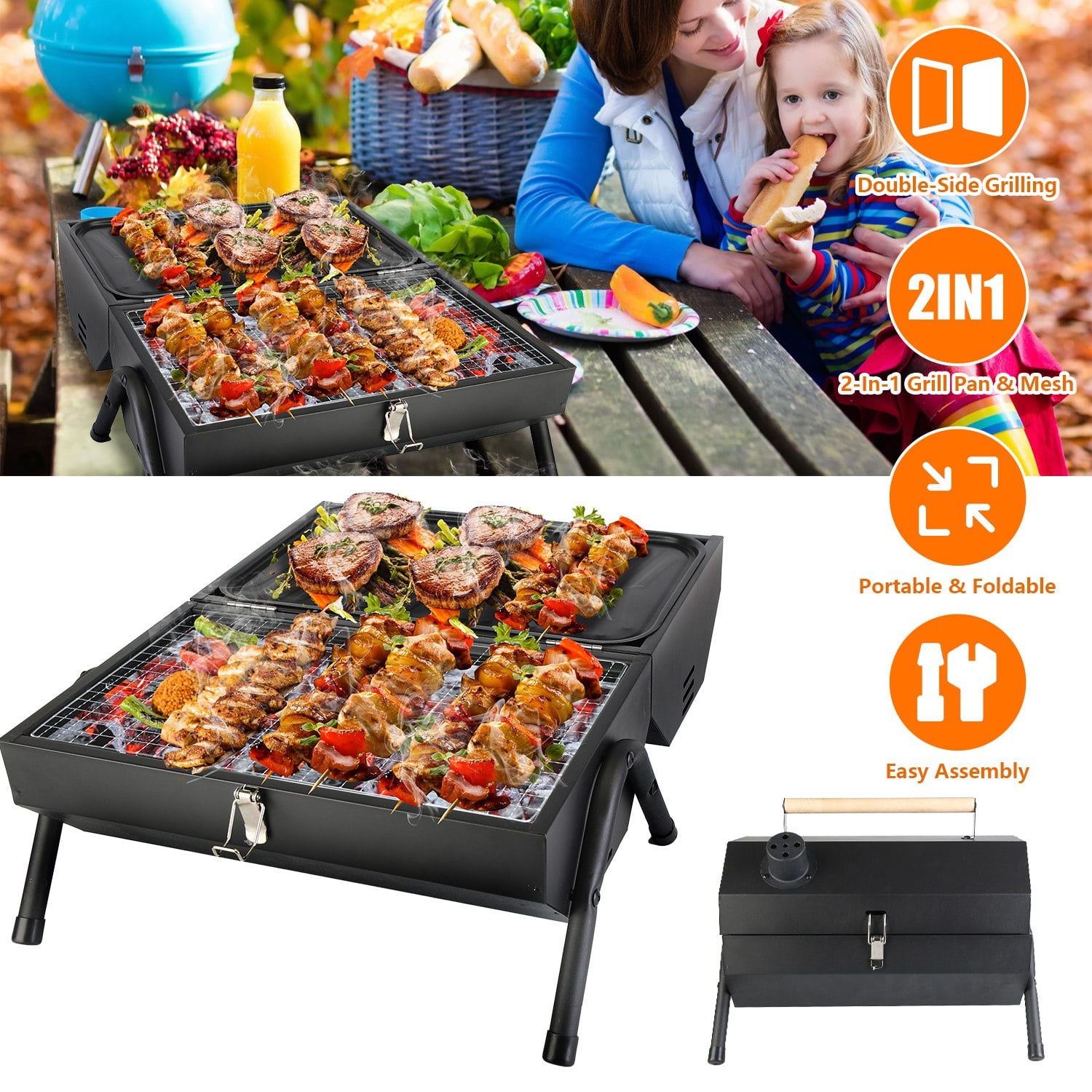 Portable Double-Sided Charcoal Grill – Foldable Outdoor BBQ with 1 ...