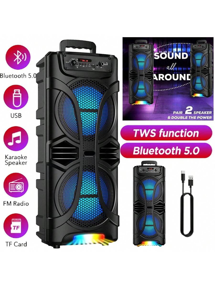 Portable Dual 8-Inch Subwoofer Bluetooth Speaker with LED Lights, USB ...