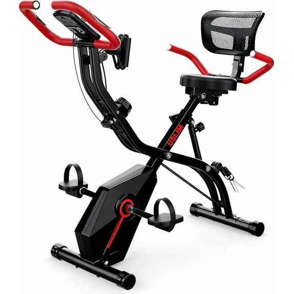 Portable Exercise Bike, Indoor Foldable Stationary Bike with Ergonomic Mesh Backrest & Wide Seat ...