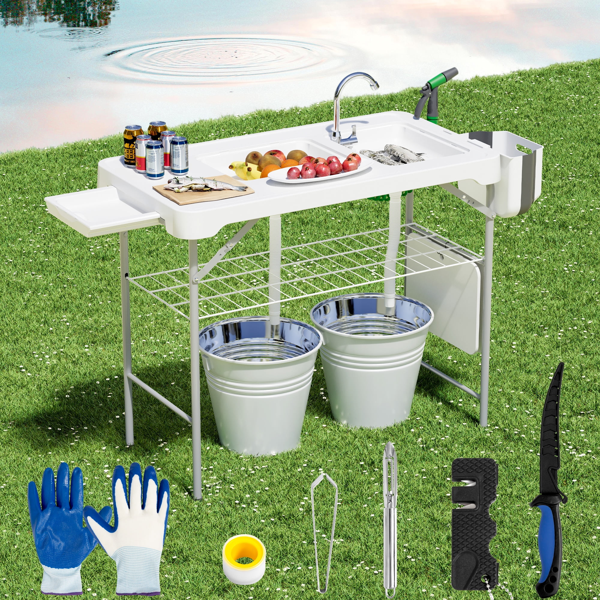 Portable Fish Cleaning Table with Deep Sinks & Sprayer, Folding Camping ...