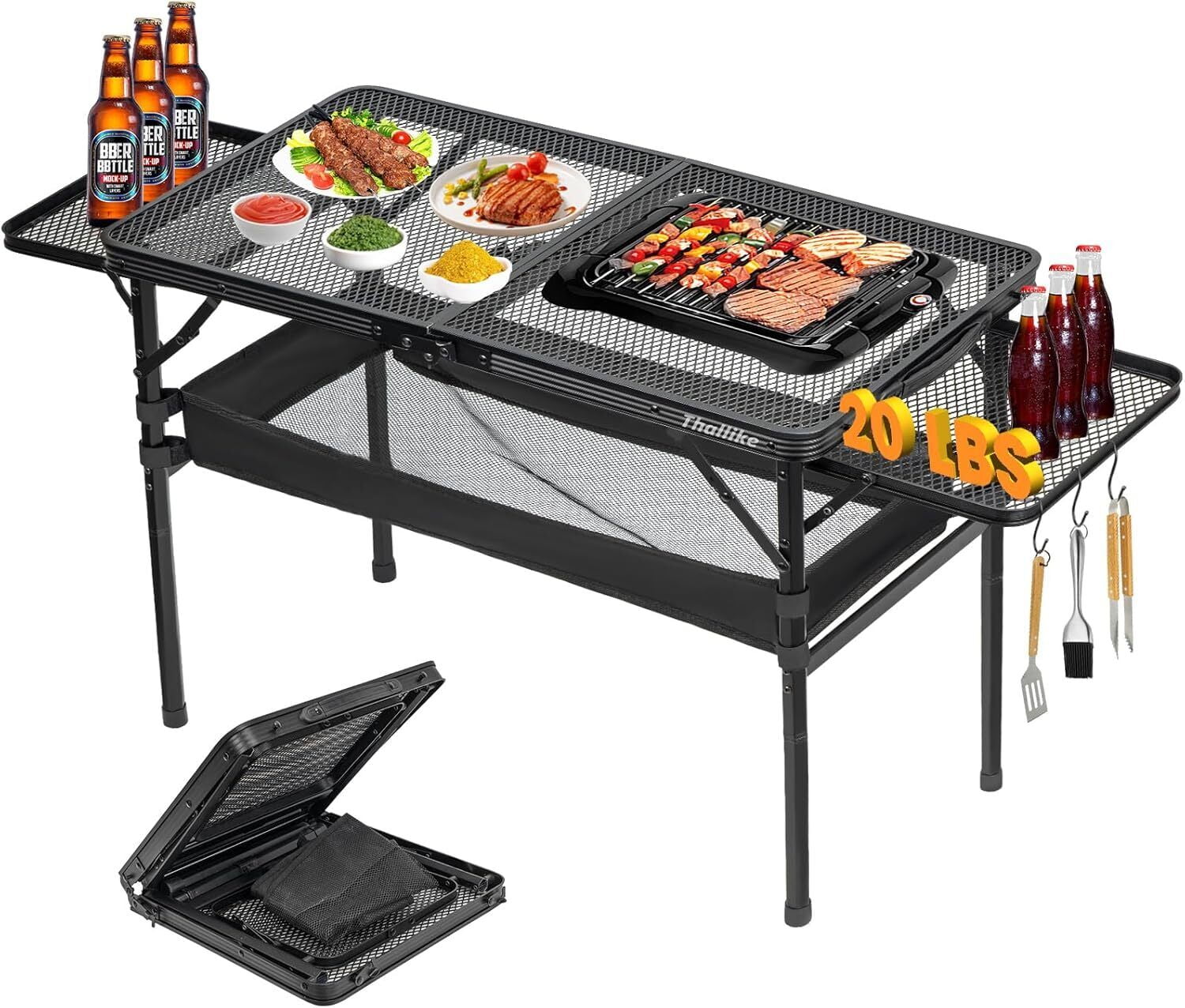 Portable Folding Grill Table with 2 Wing Panels, Two Heights Available ...