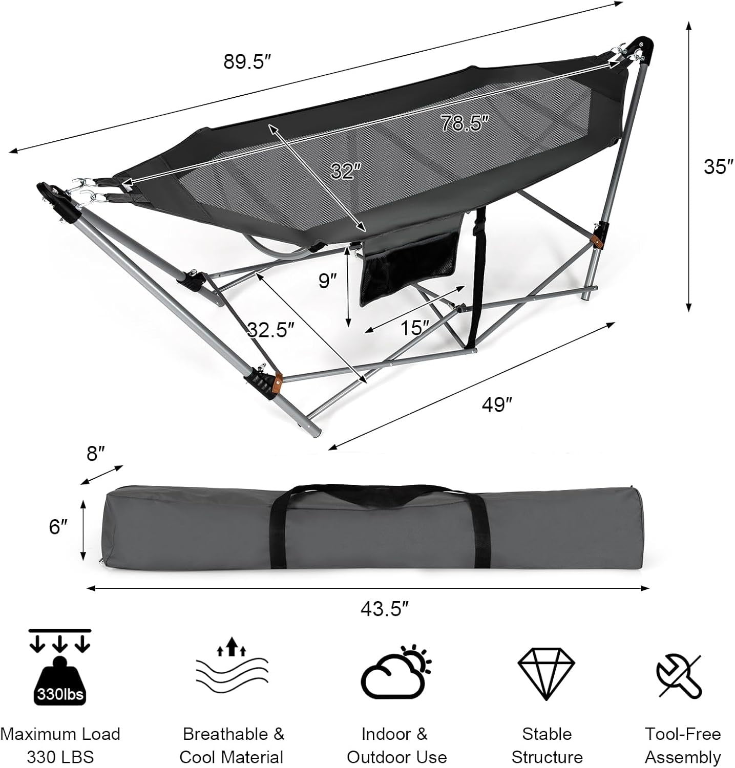 Portable Folding Hammock, Lounge Camping Bed with Hammock Stand, Indoor ...