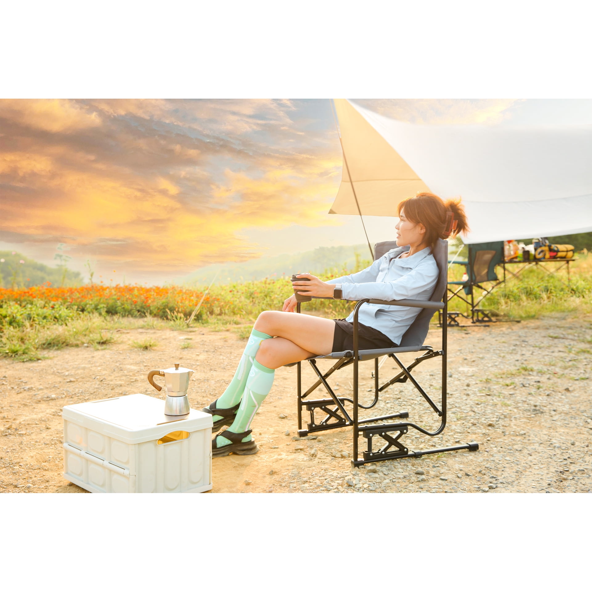 Portable Folding Outdoor Rocker Chair - Grey With Arm Rests, Drink ...